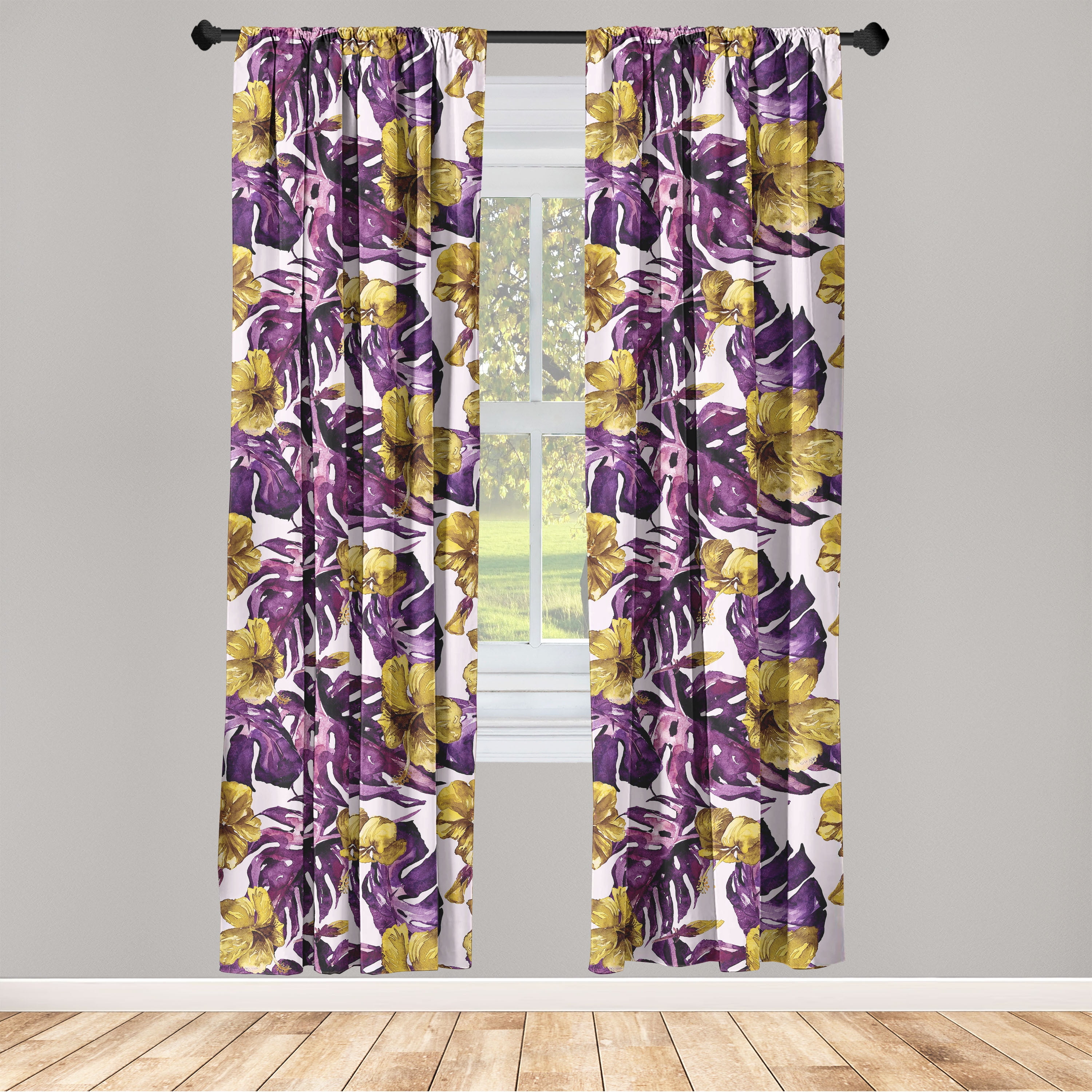 Tropical Window Curtains, Watercolor Style Monstera Leaves and Hibiscus ...