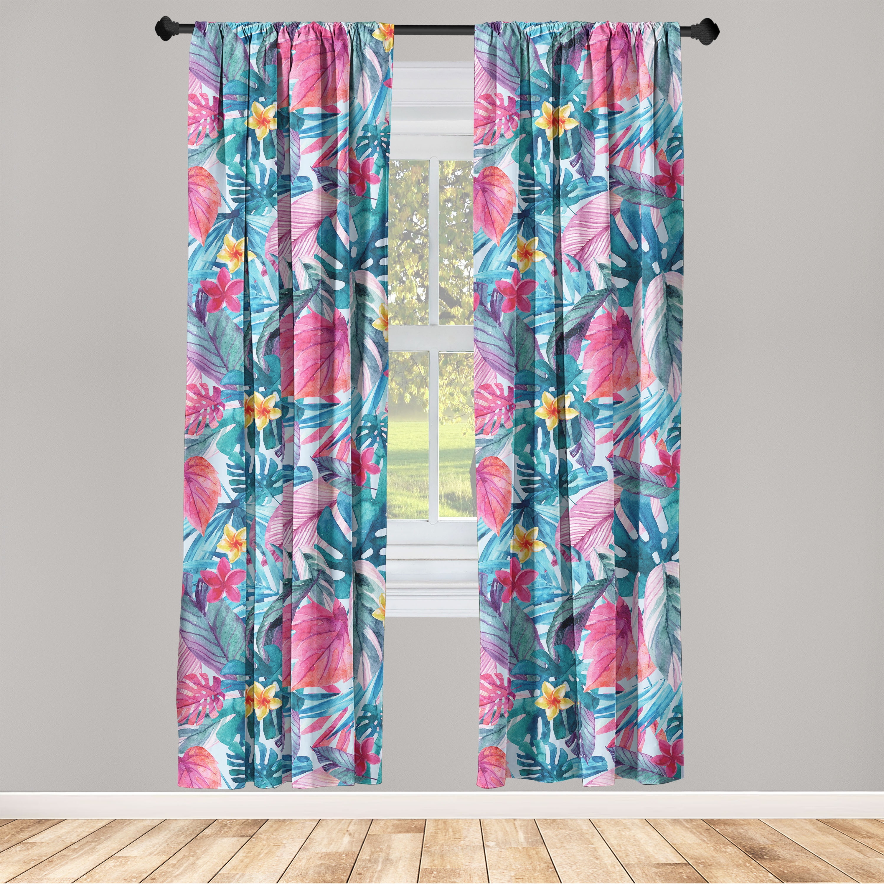 Tropical Window Curtains, Watercolor Style Overlapped Exotic Leaves ...
