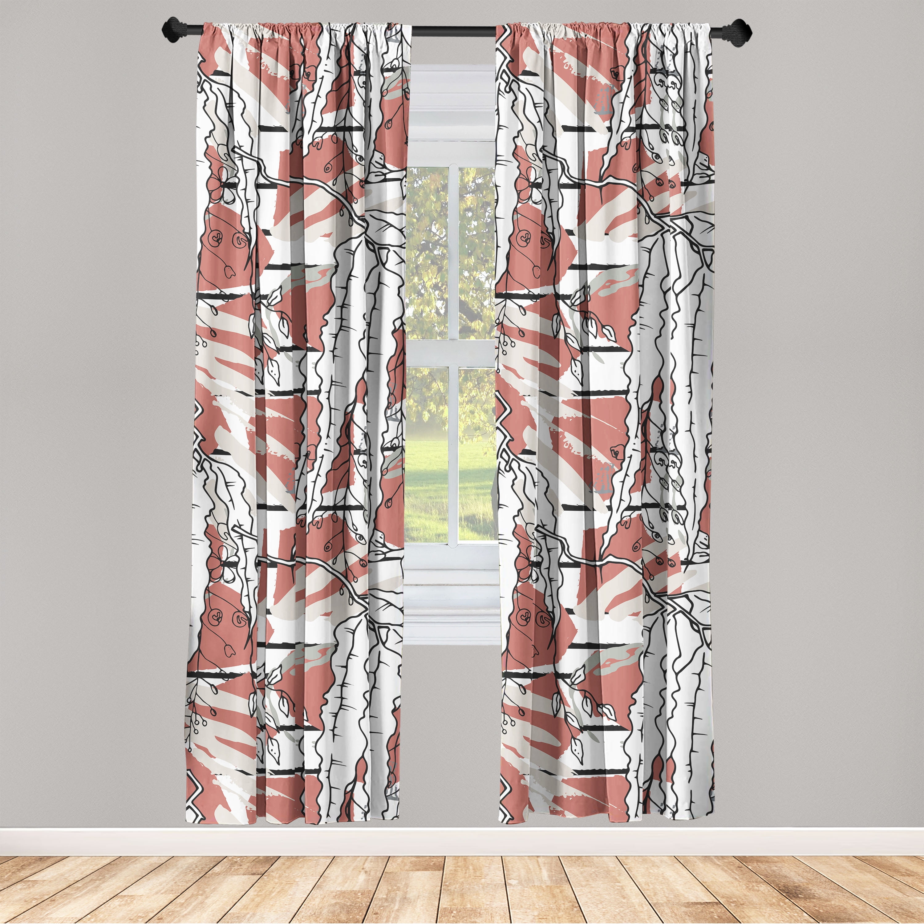 Tropical Window Curtains, Weeping Leaves on Abstract Forms and Stripes ...