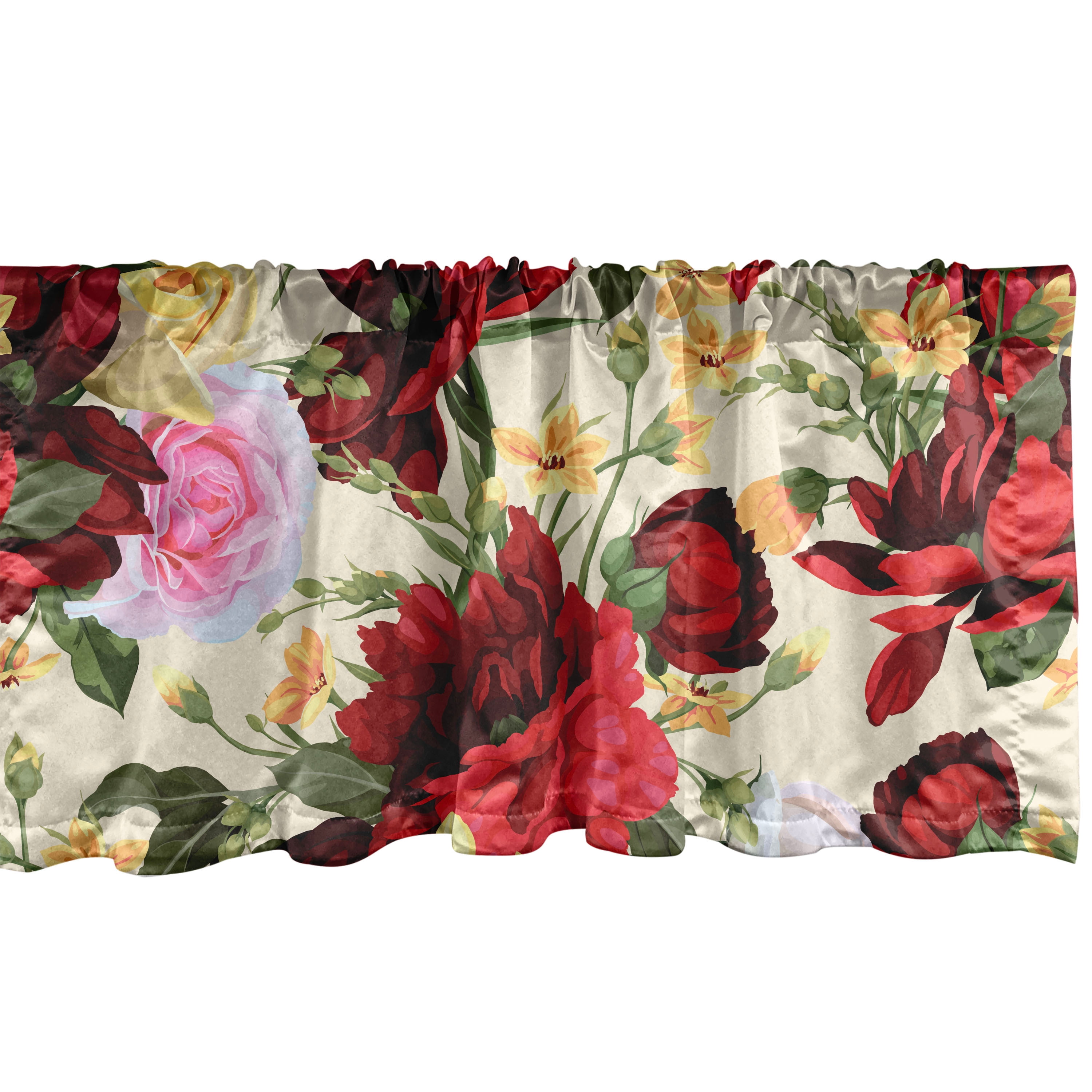 Tropical Window Valance, Colorful Abstract Rose Flowers with Leaves ...