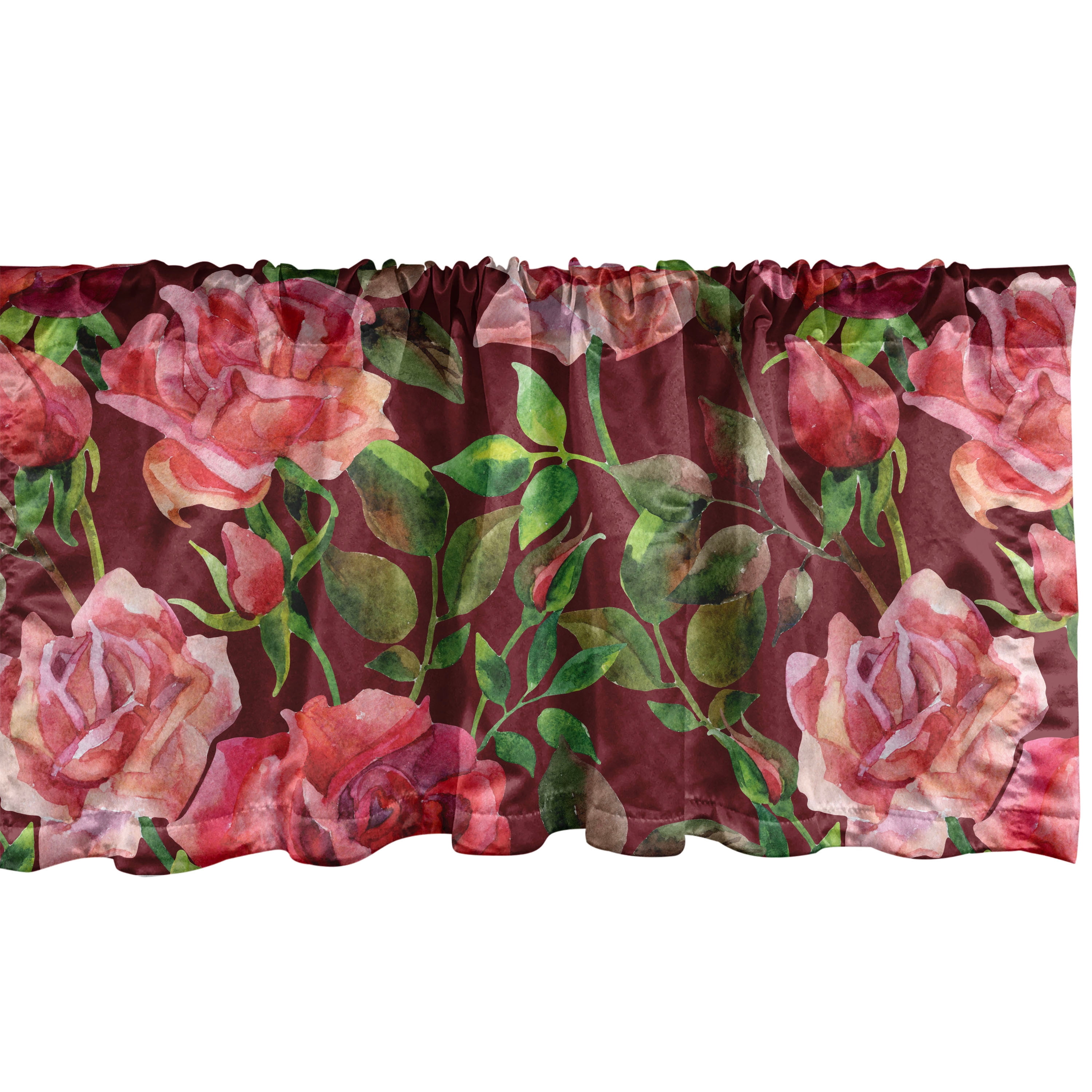 Tropical Window Valance Continuous Pattern Of Rose Flowers And Leaves