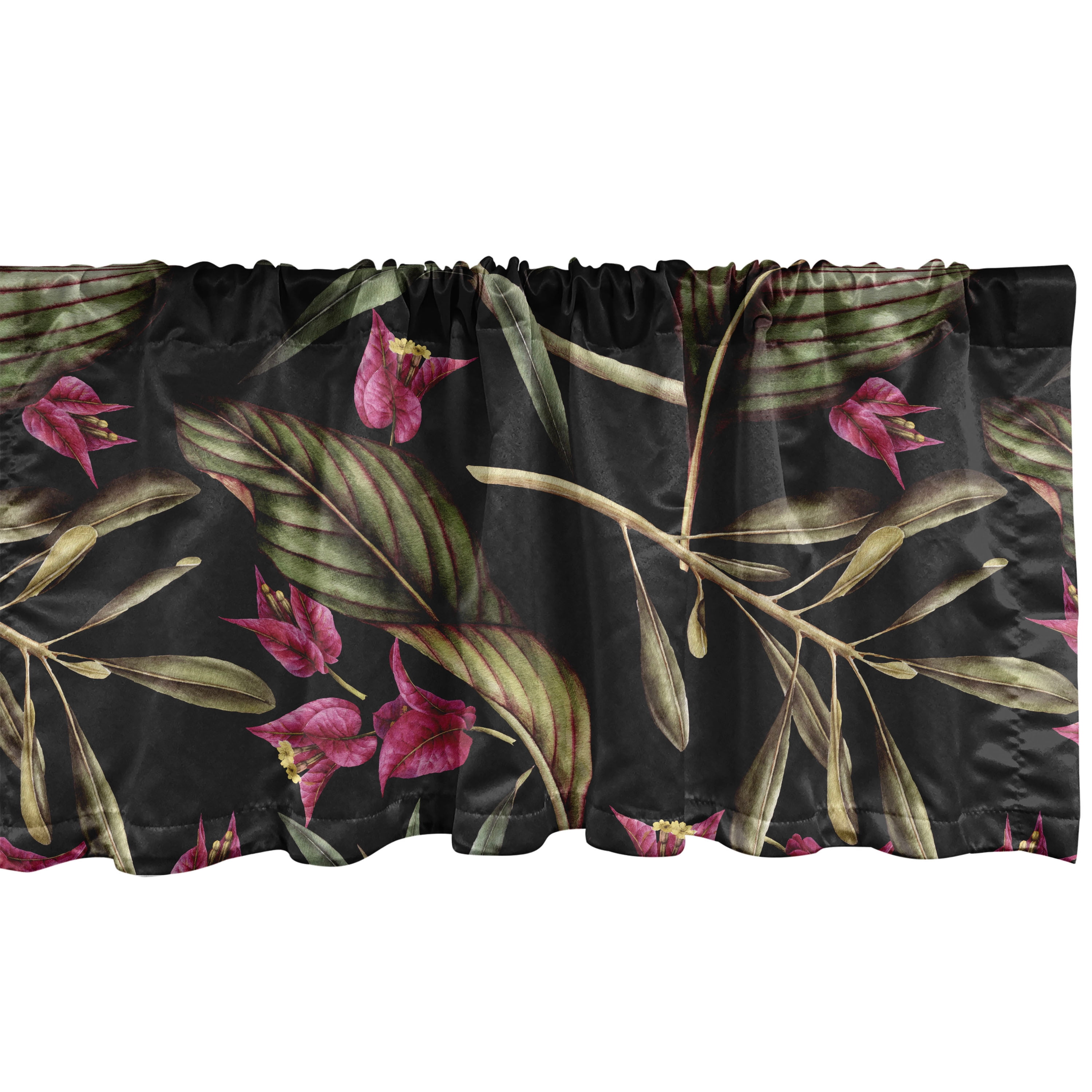 Tropical Window Valance, Exotic Leaves with Pink Flowers Pattern Art on ...