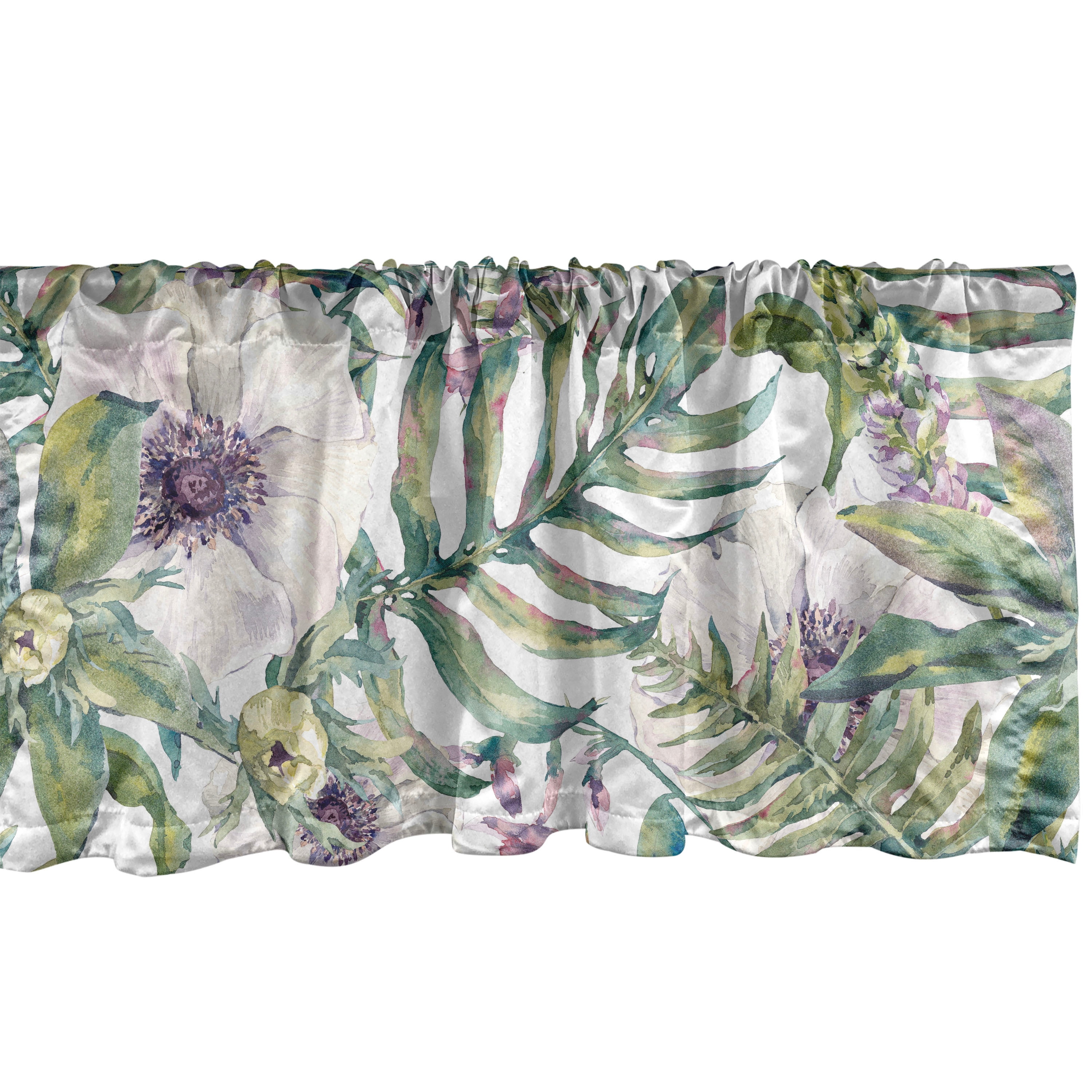 Tropical Window Valance, Palm Leaves Lupine Anemone Watercolor ...