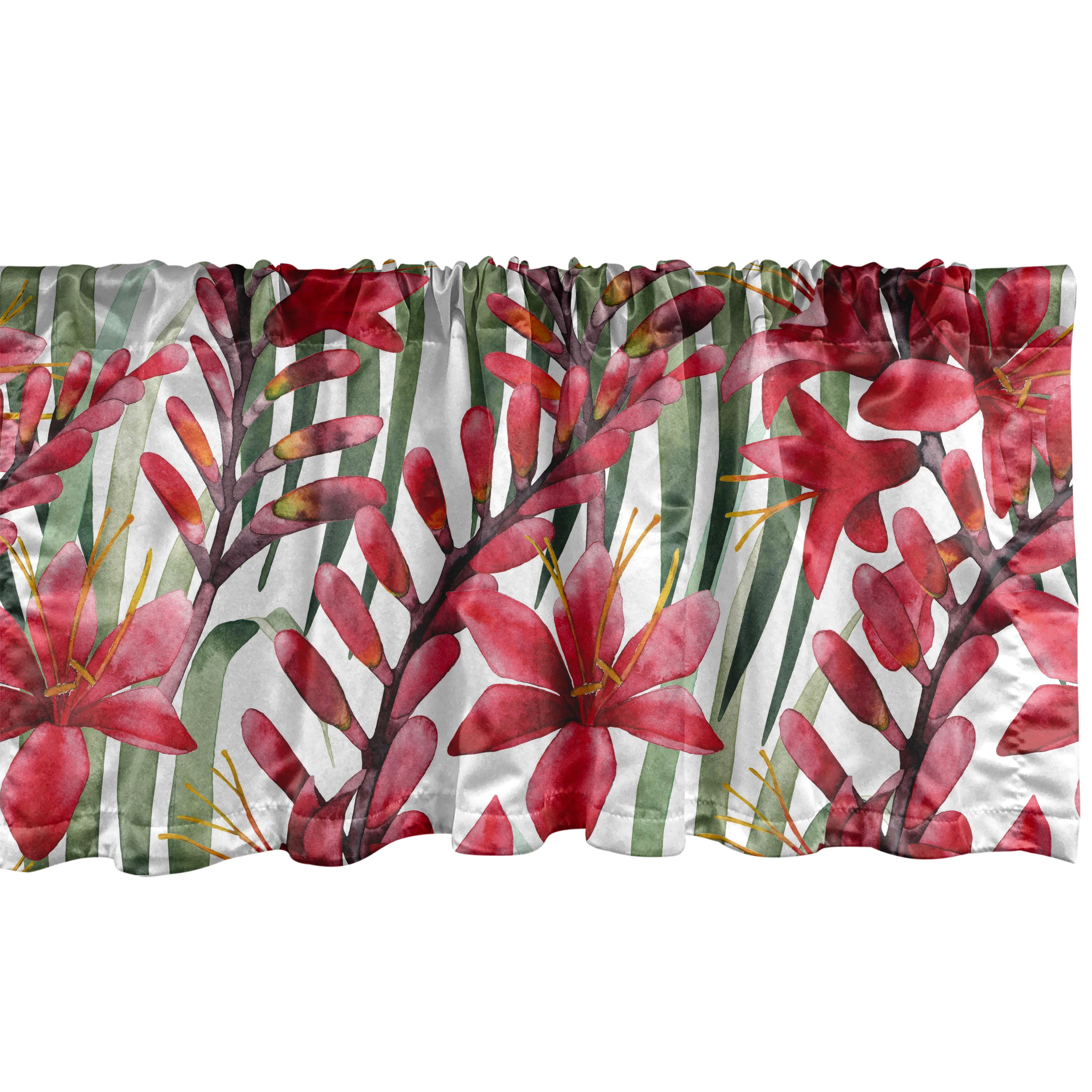 Tropical Window Valance, Red-Colored Flowers Vertical Leaves Watercolor ...