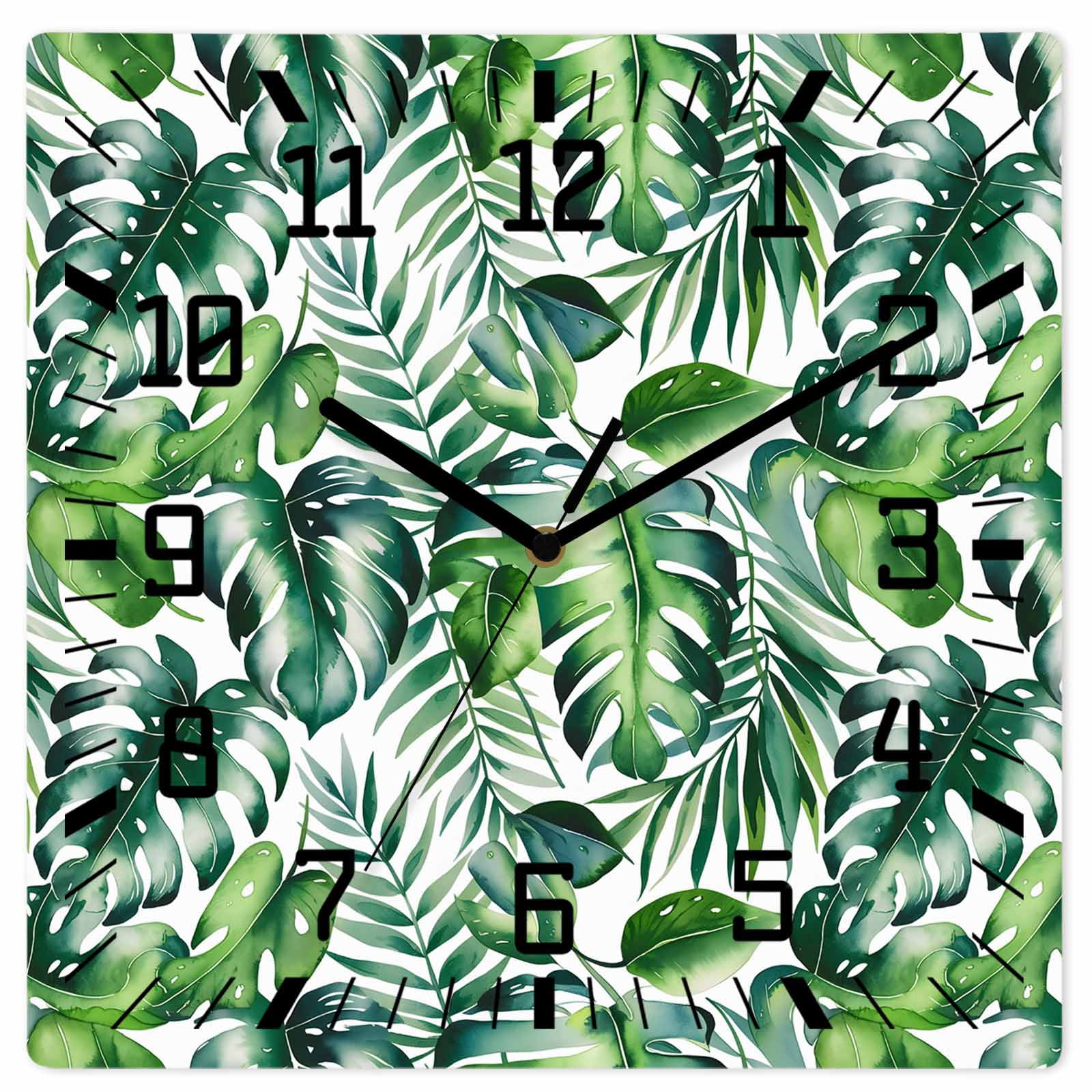 Tropical Wooden Wall Clock Silent Non Ticking, Green Palm Leaf Summer ...