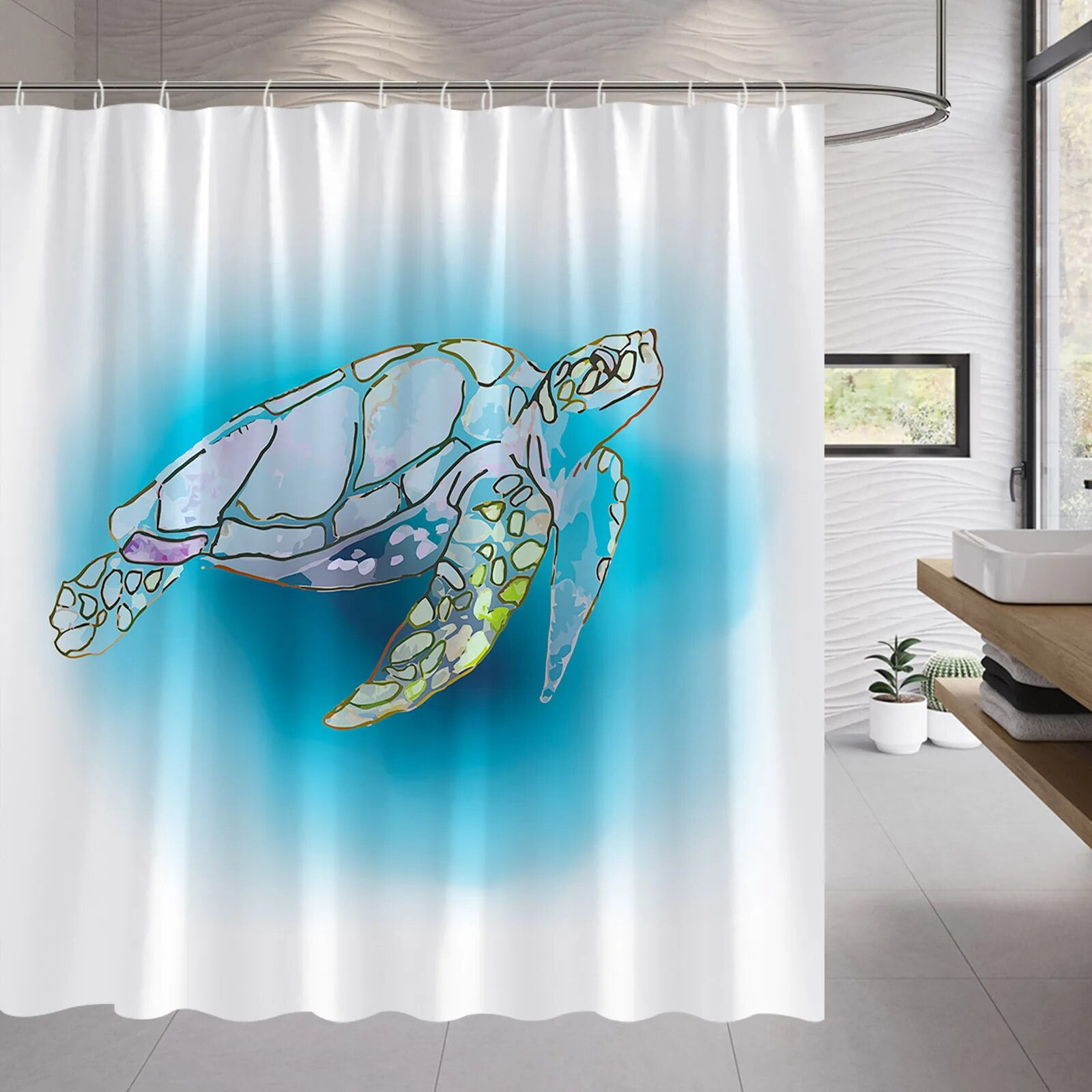 Tropical beach landscape Shower Curtains ocean sea Waves Marine life Turtle parrot Scenery Bath ...