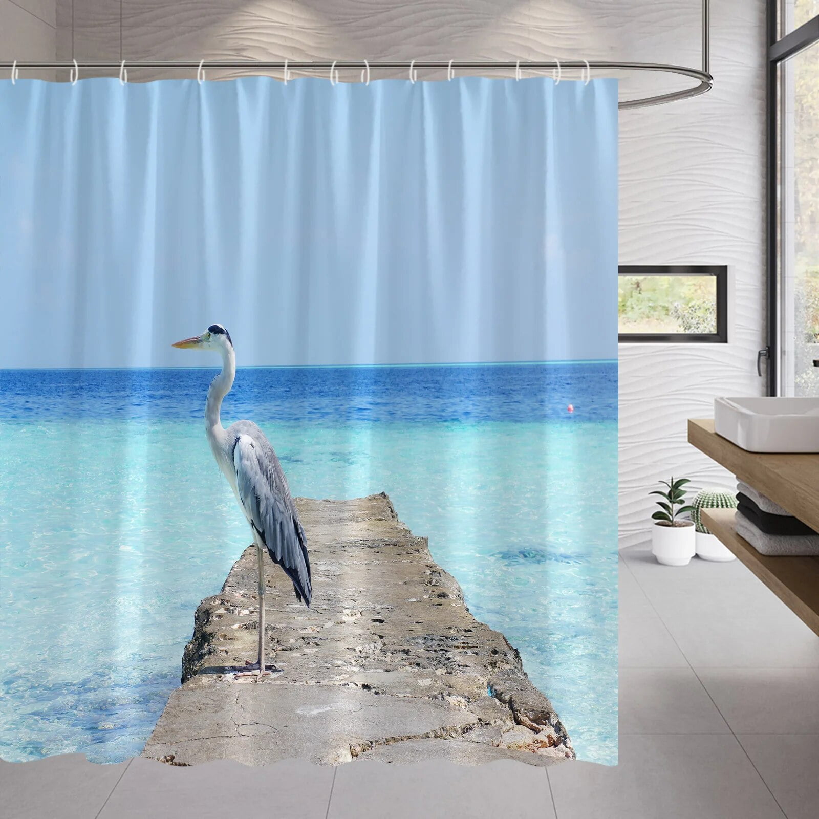 Tropical beach landscape Shower Curtains ocean sea Waves Marine life Turtle parrot Scenery Bath ...