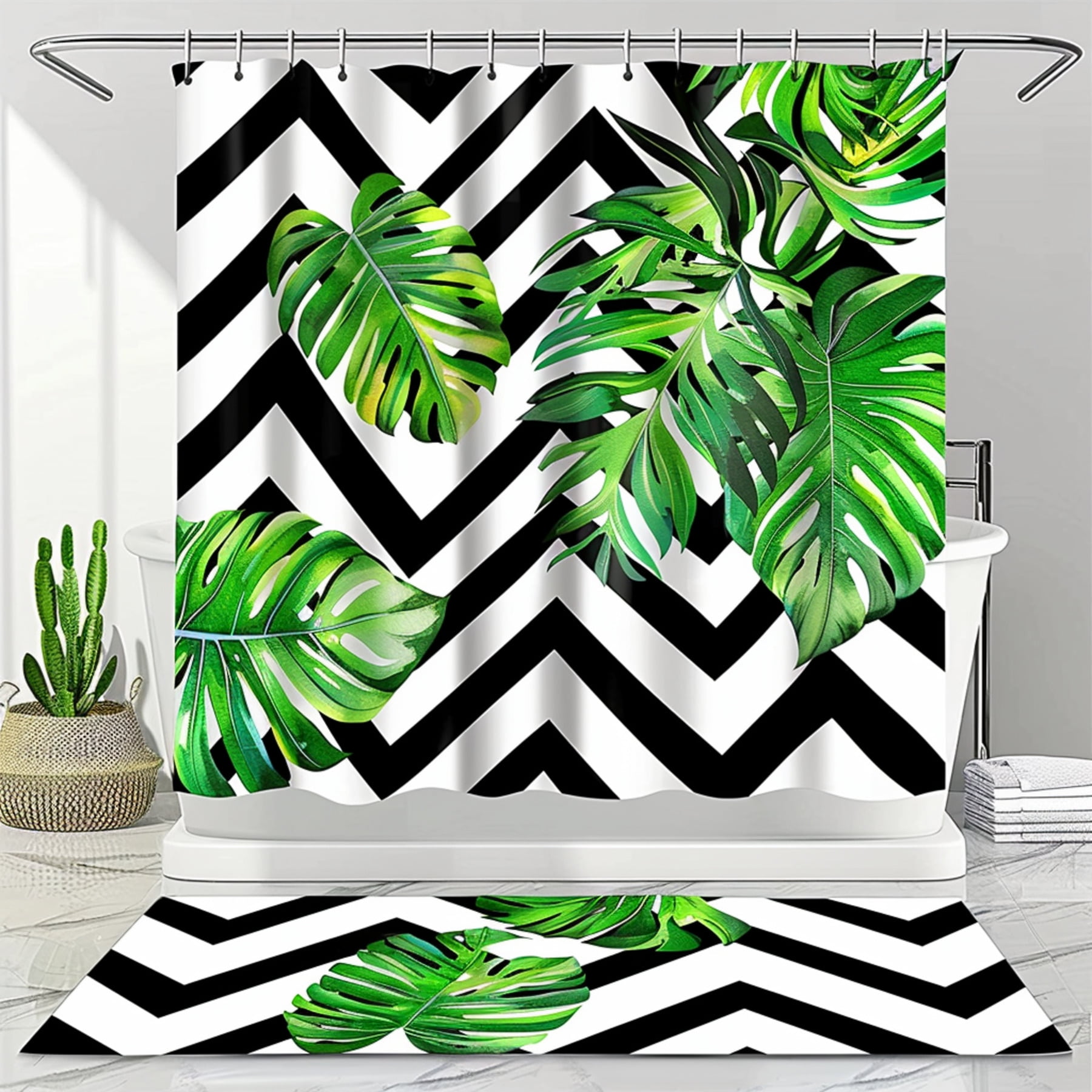 Tropical Leaves And Geometric Stripes Bathroom Curtain Set Featuring A