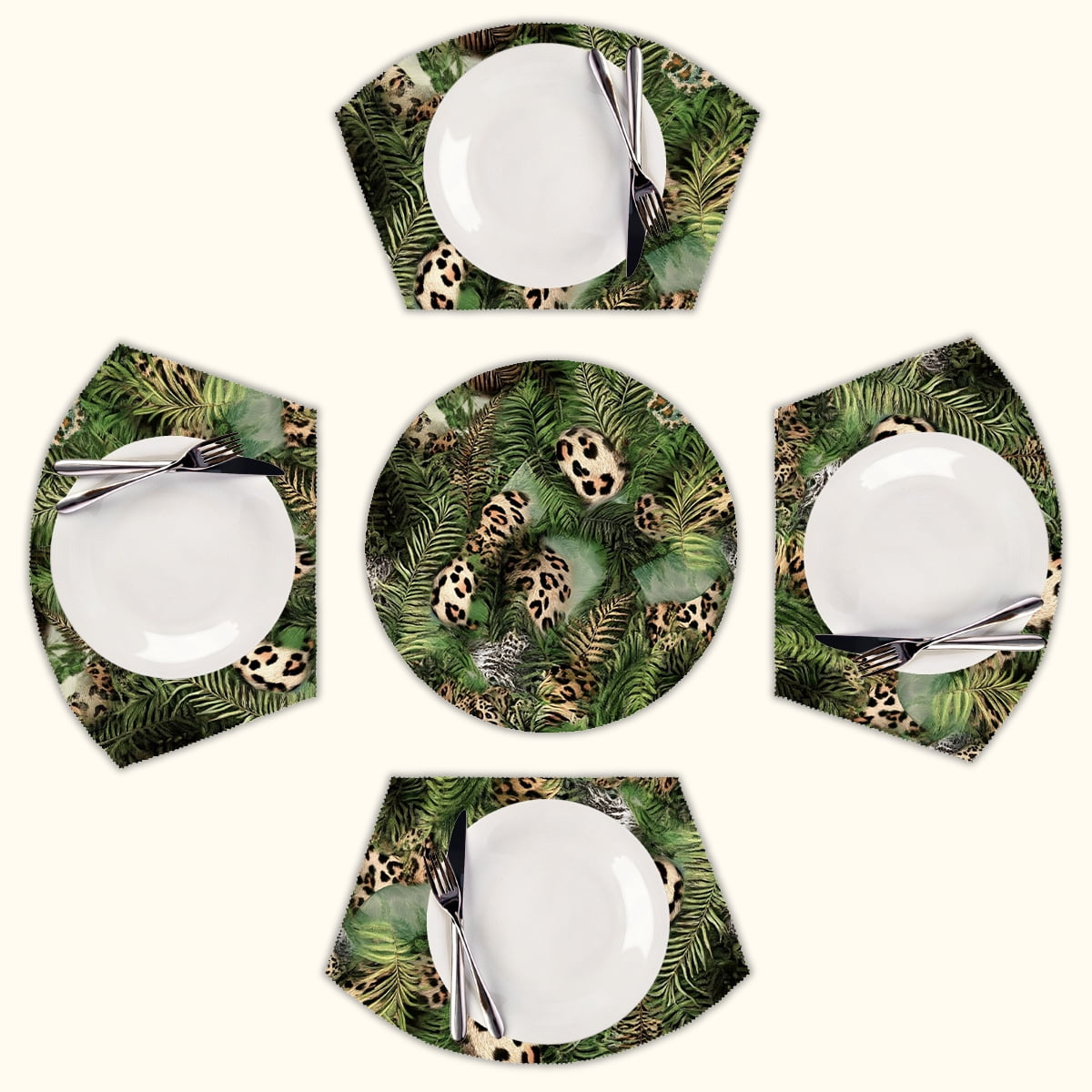 Tropical leaves leopard print fabric Round Table Placemats Set Of 5 ...