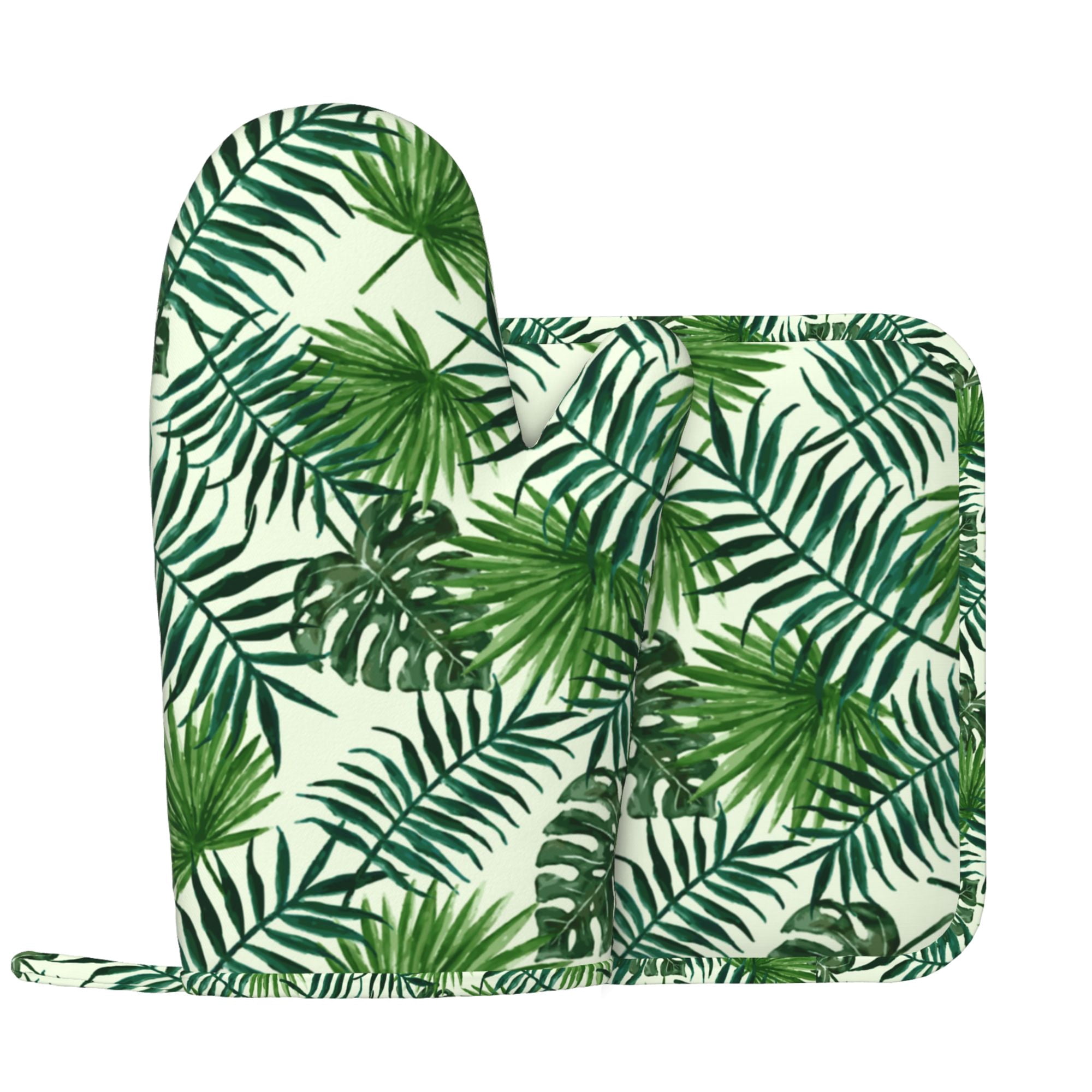 Tropical palm tree leaves wallpaper Oven gloves, pot clamp set, anti ...