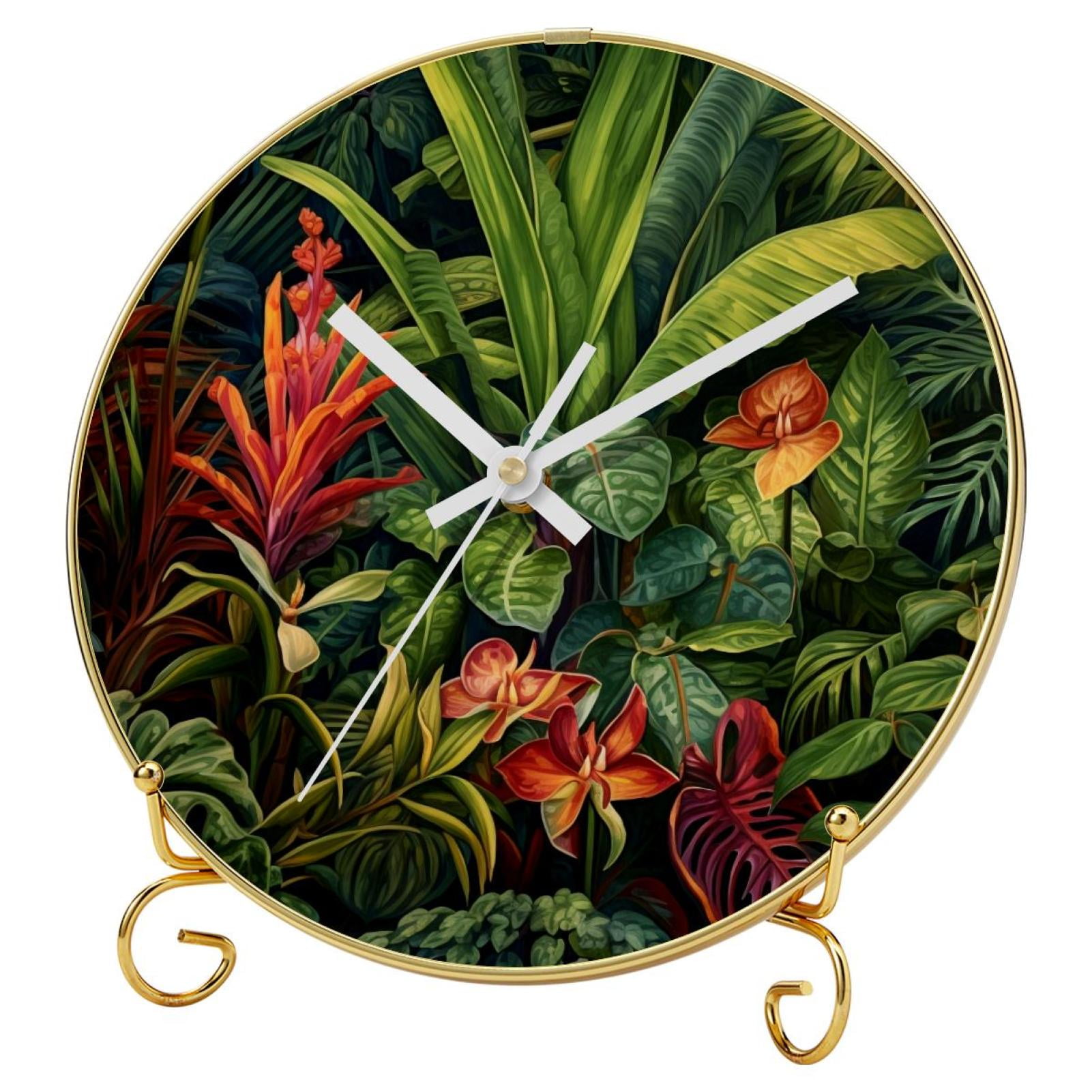 Tropical plants Rustic Round Wall Clocks with Printed Design, Hooks and ...