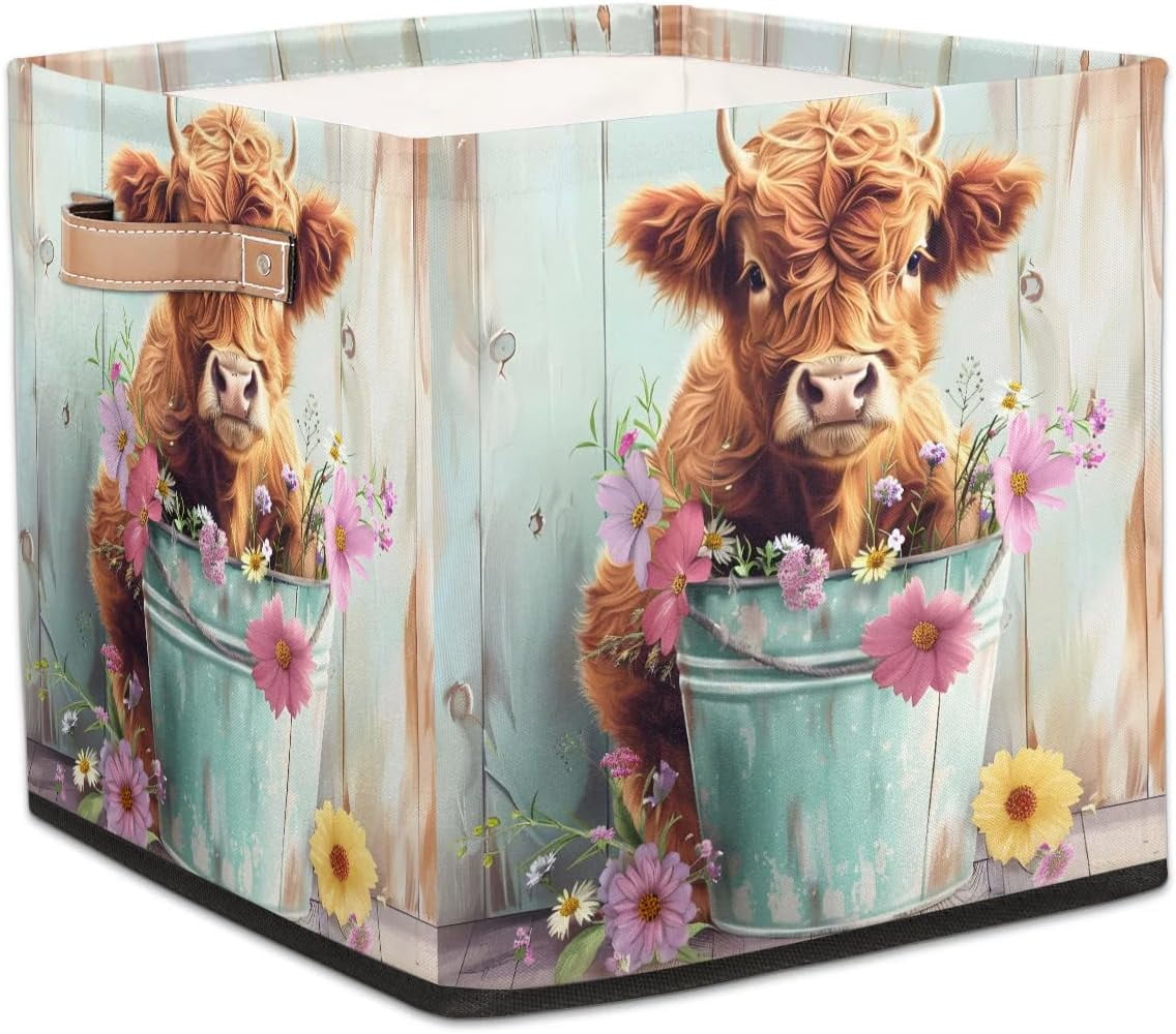 TropicalLife 13x13x13 Inch Large Fabric Storage Cubes Cute Highland Cow ...