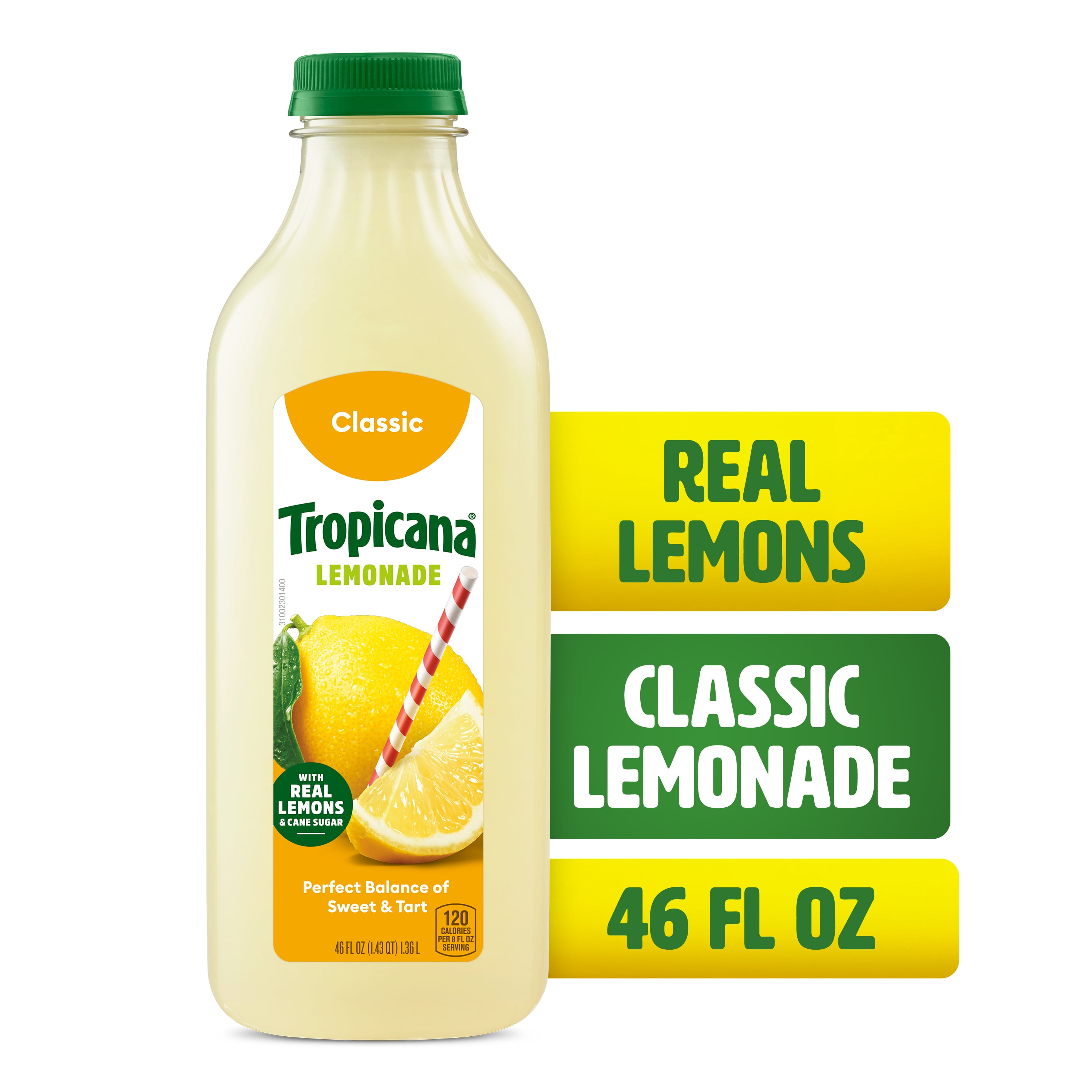 Tropicana Classic Lemonade, Made with Real Lemons, 46 fl oz Bottle ...