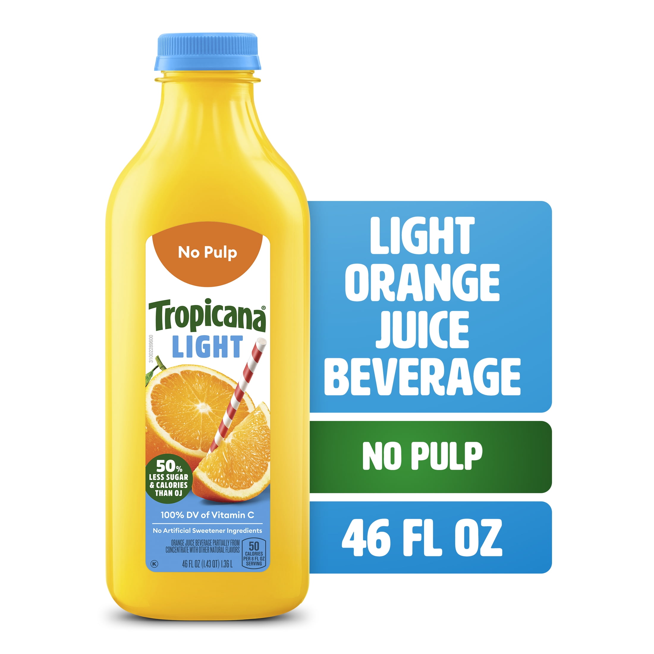 Tropicana Light No Pulp Orange Juice Beverage, 46 Fl Oz Bottle, Low ...