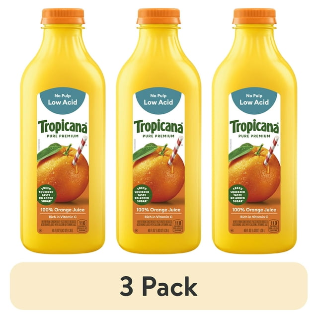 (3 pack) Tropicana Pure Premium 100% Orange Juice Original, No Pulp, Low Acid, 46 fl oz bottle ...