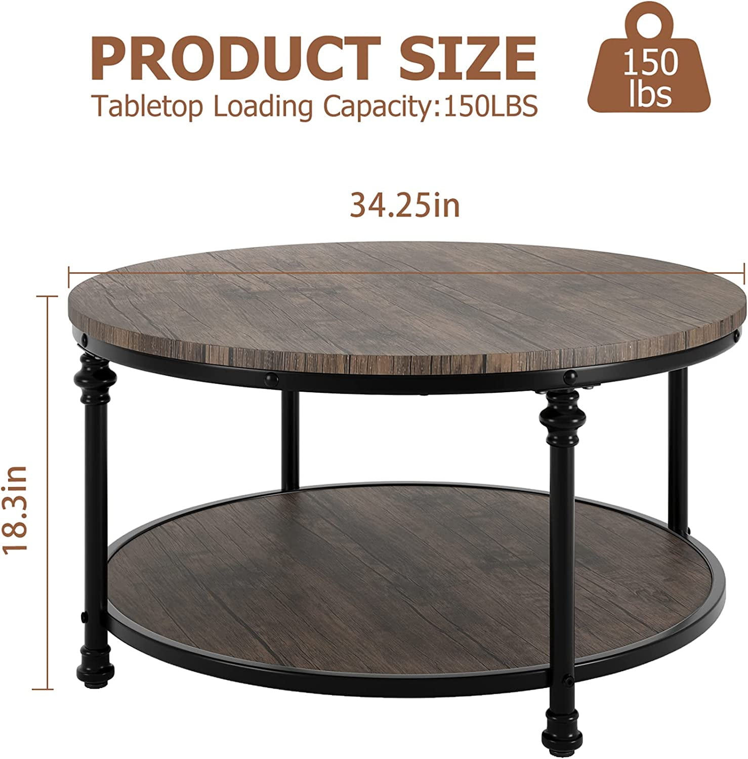 Tropow 34.5 inch Round Coffee Table for Living Room Rustic Center Table ...