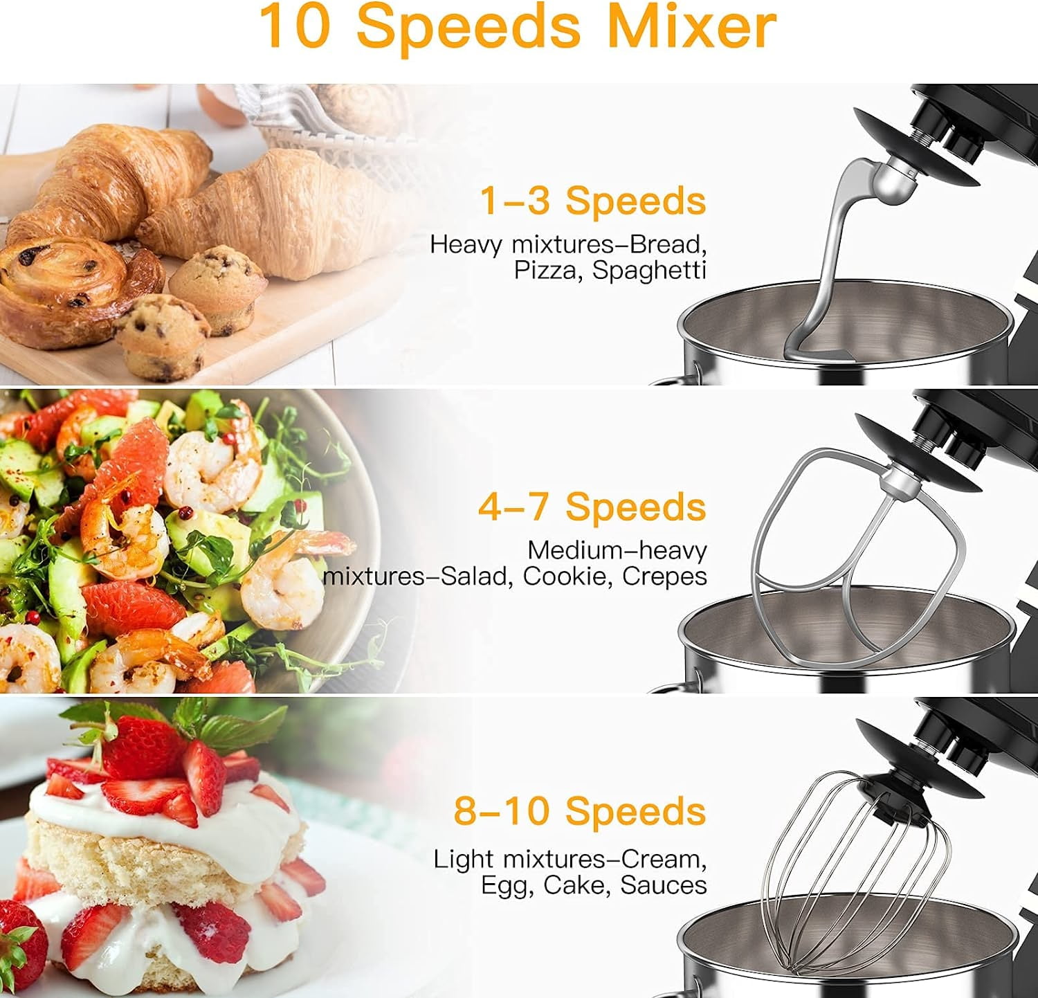 Tropow Stand Mixer, 7.5QT 660W 10-Speed Electric Food Mixer, Kitchen ...