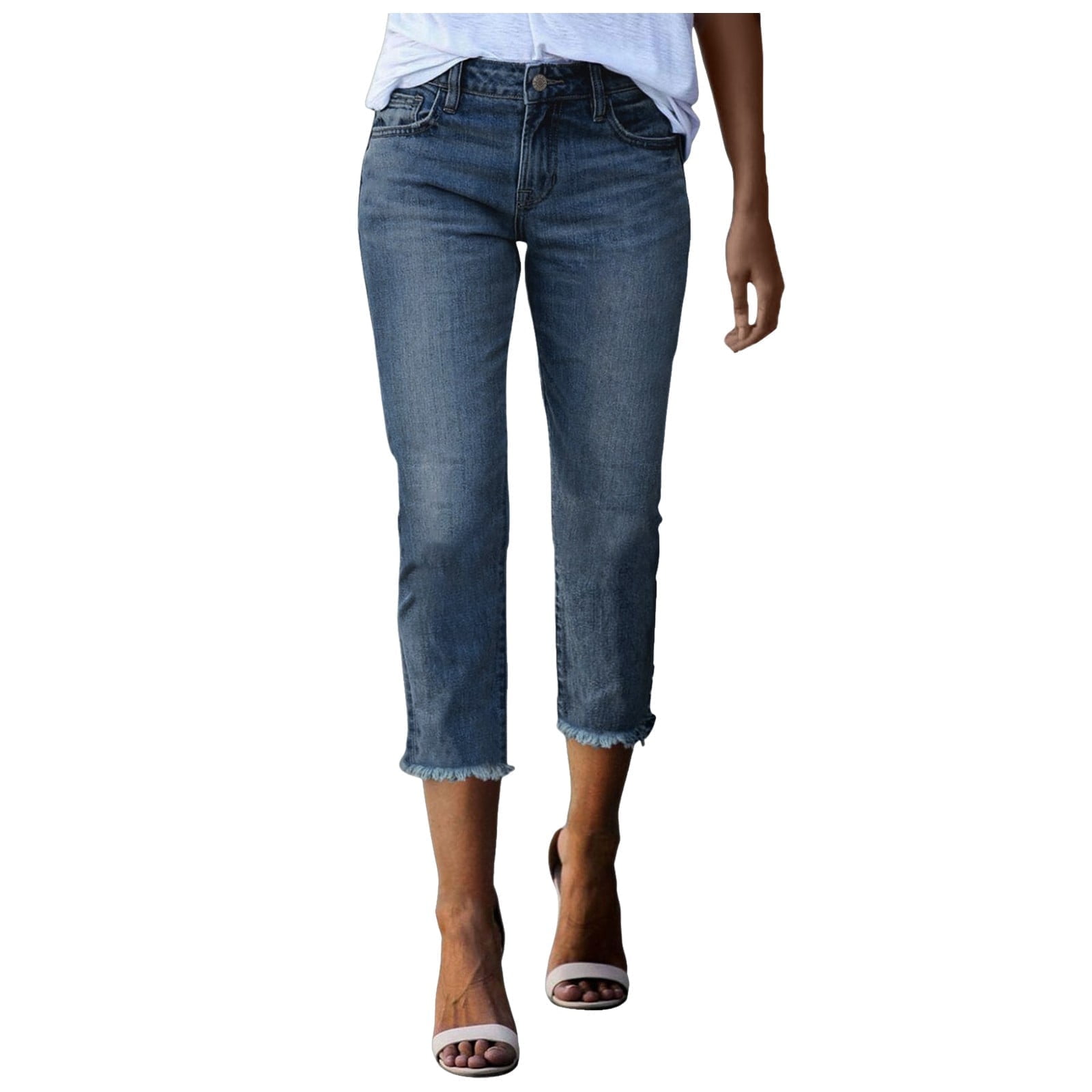 Trousers Pants for Women Fashion Capri Jeans Stretchy Distressed Hem ...