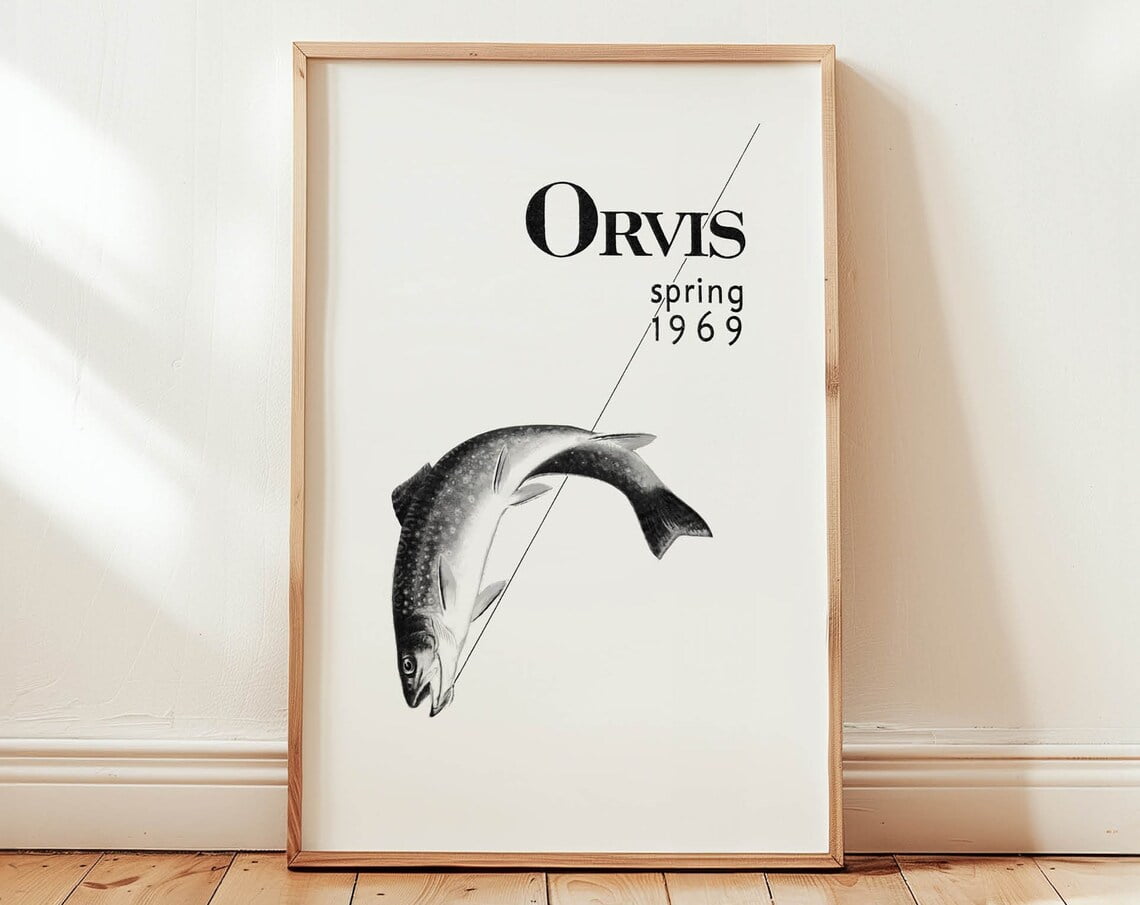 Trout Print Fly Fishing Poster Black + White Fishing Art Retro Angler ...