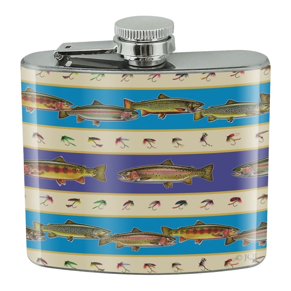 Trout River Lake Fly Fish Fishing Stainless Steel 5oz Hip Drink Kidney ...
