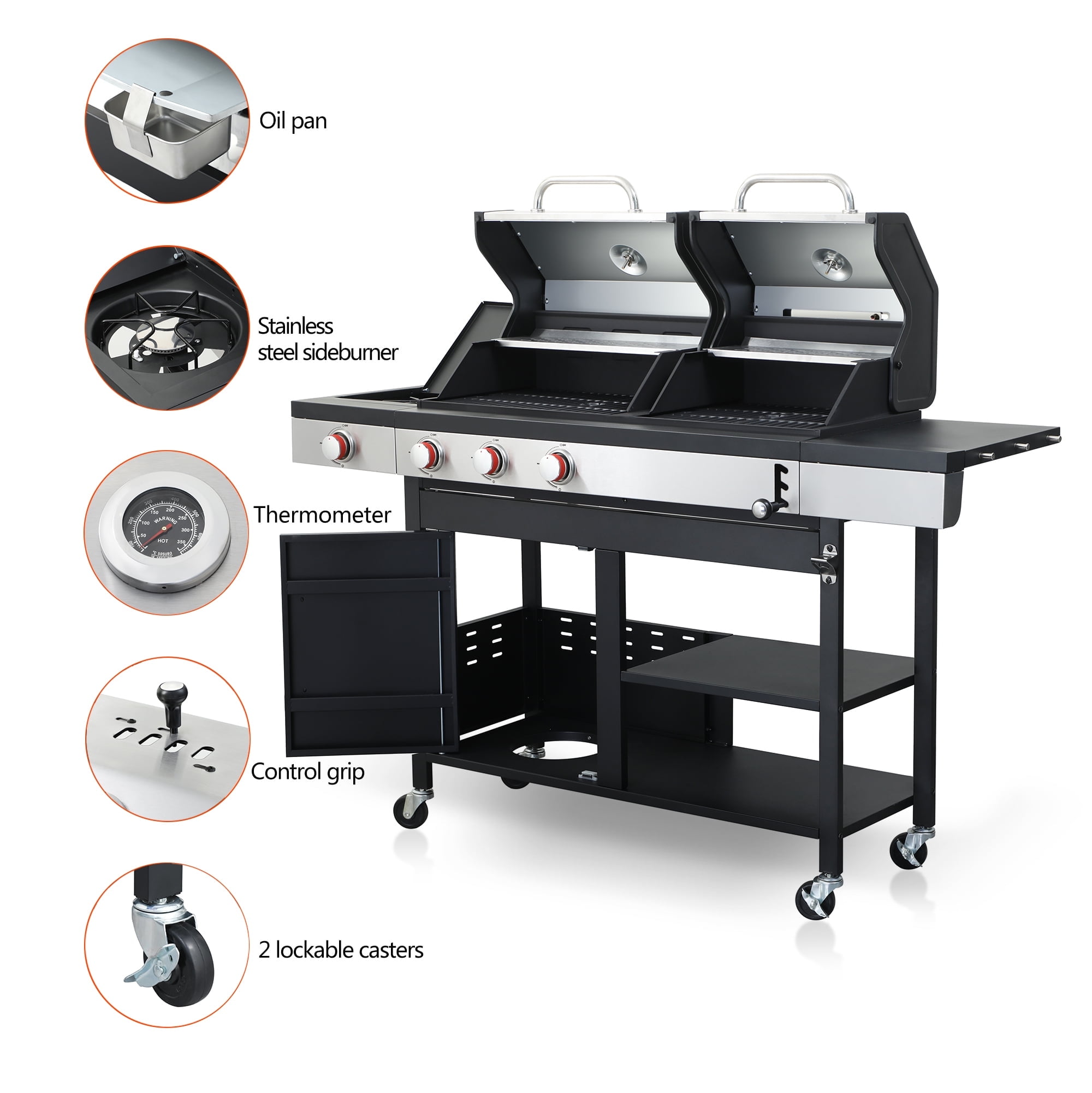 Troxlin 3-Burner Hybrid Gas & Charcoal Grill - 37,230 BTU Dual Fuel BBQ ...