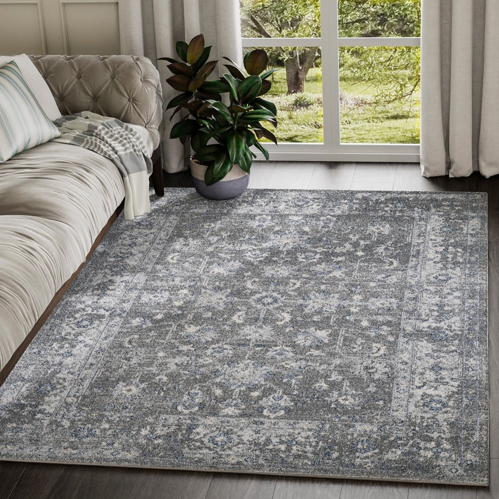 Troy Vintage Distressed Navy White Bold Rug Grey 4' x 6' Latex Free ...
