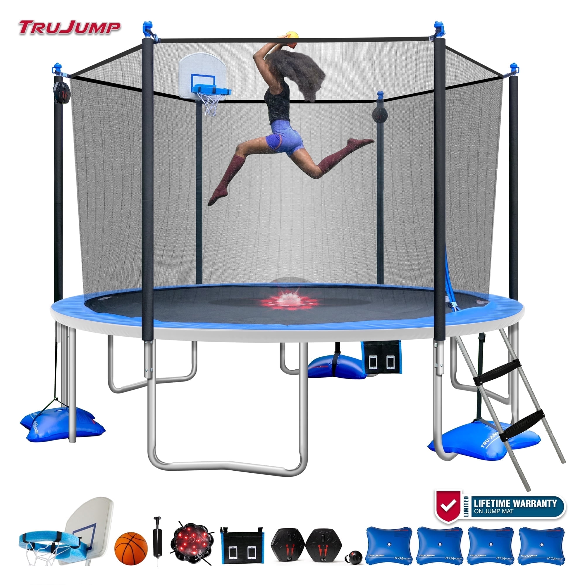 TruJump 14 FT Outdoor Trampoline - Safety Enclosure Net & Basketball ...