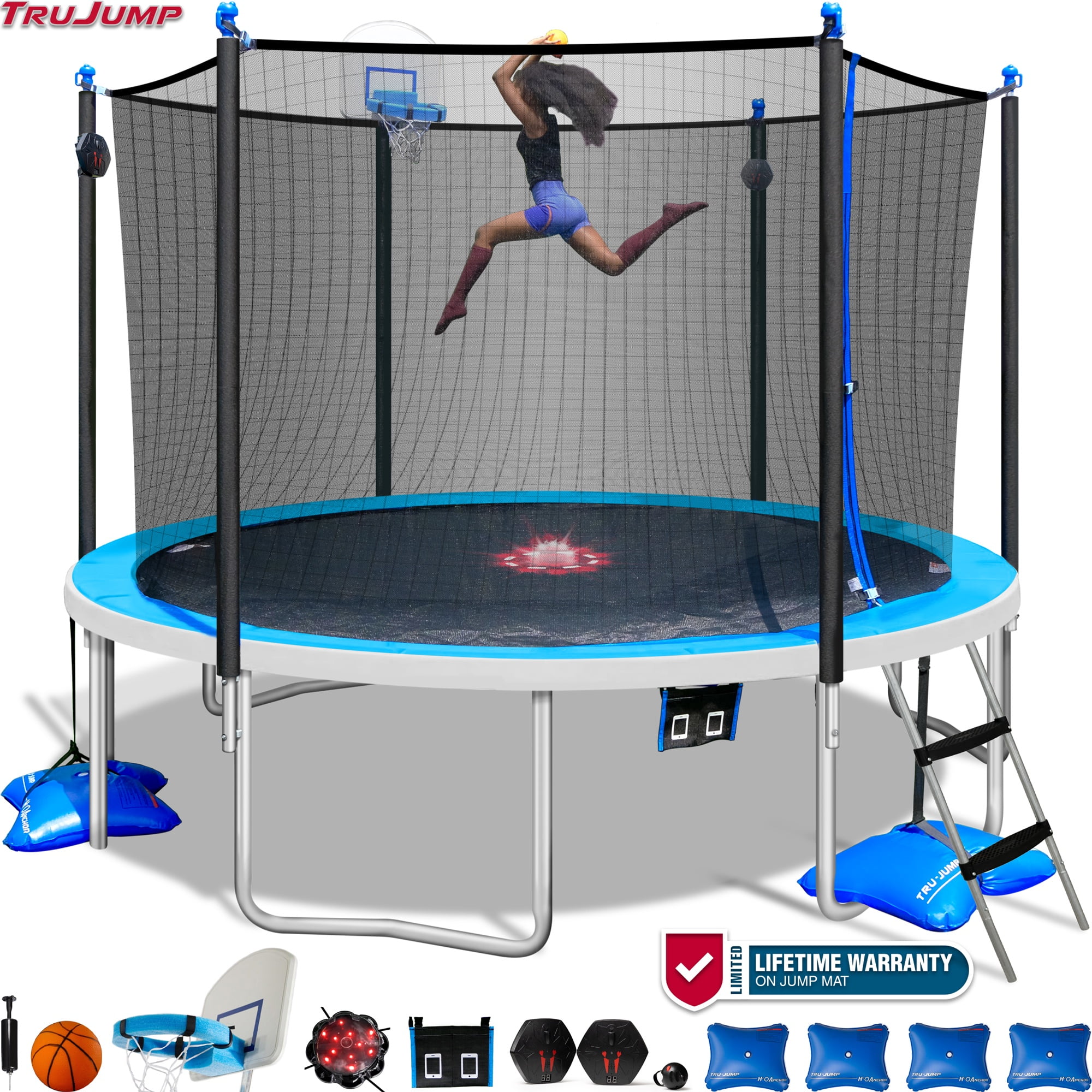 TruJump 15 FT ULTIMATE MULTIPLAY Heavy Duty Outdoor Trampoline with Dunk Zone Basketball Hoop ...