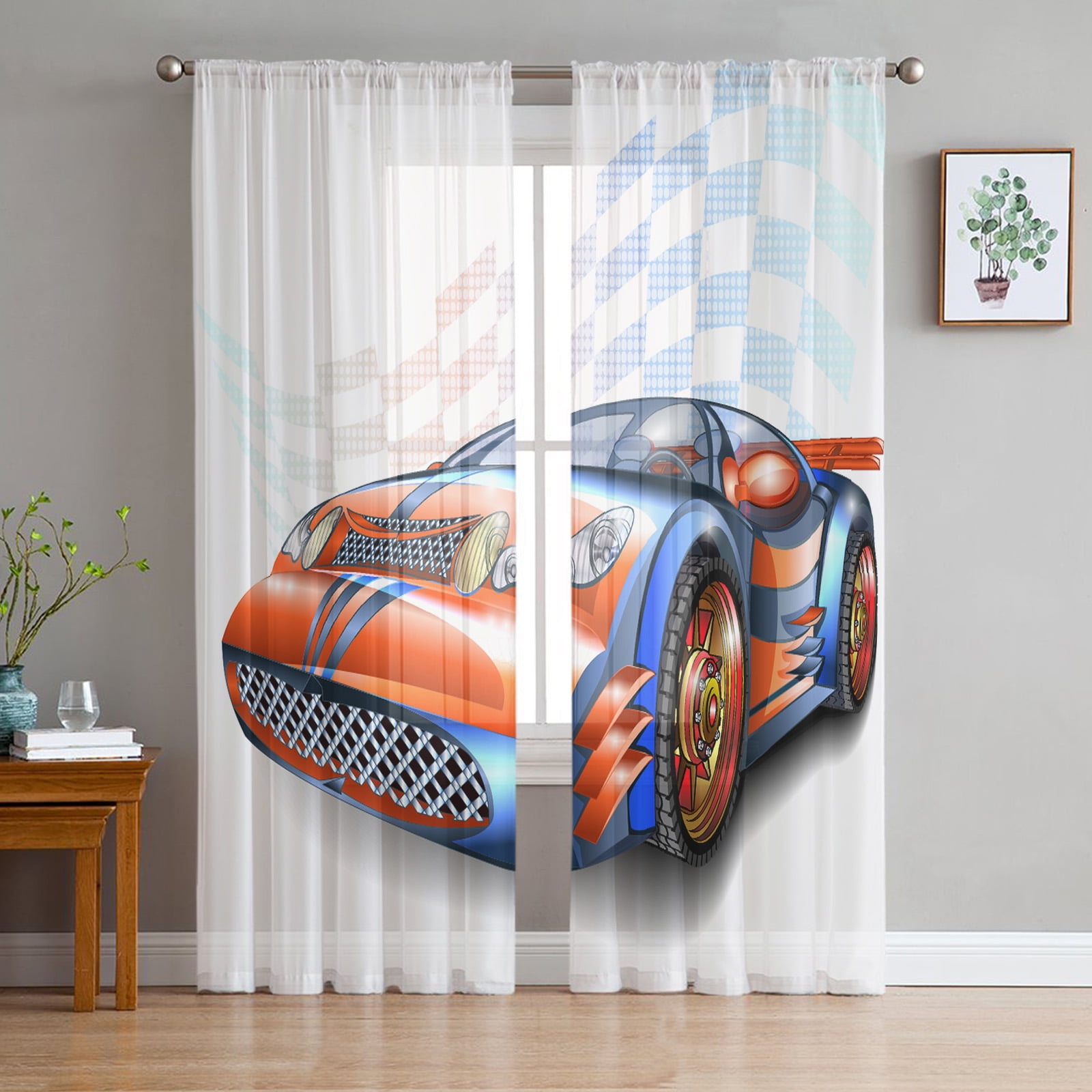 Truck Car Cartoon Sheer Voile Curtains Window Treatment for Kitchen ...