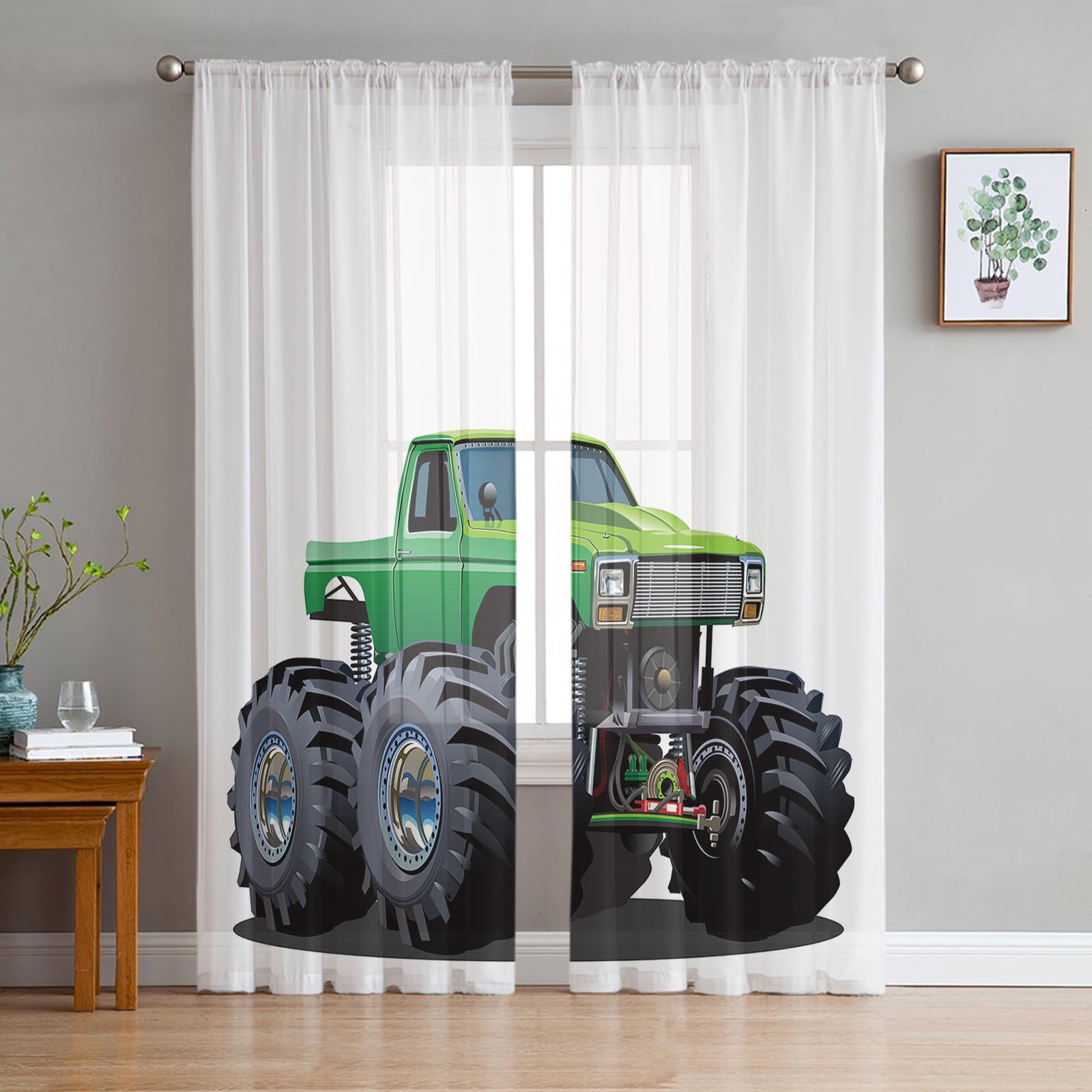 Truck Car Cartoon Sheer Voile Curtains Window Treatment for Kitchen ...