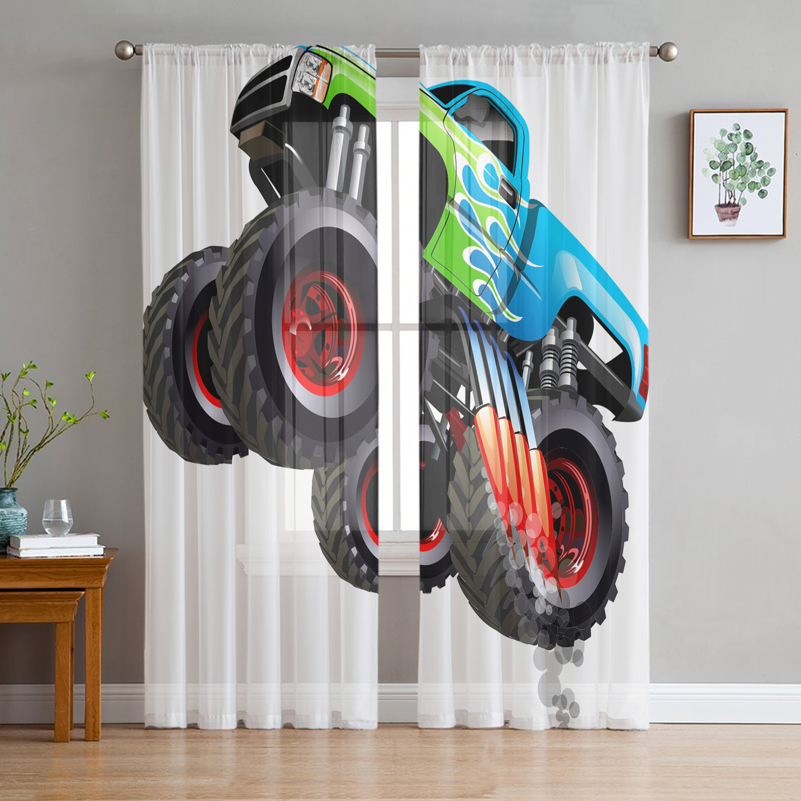Truck Car Cartoon Sheer Voile Curtains Window Treatment for Kitchen ...