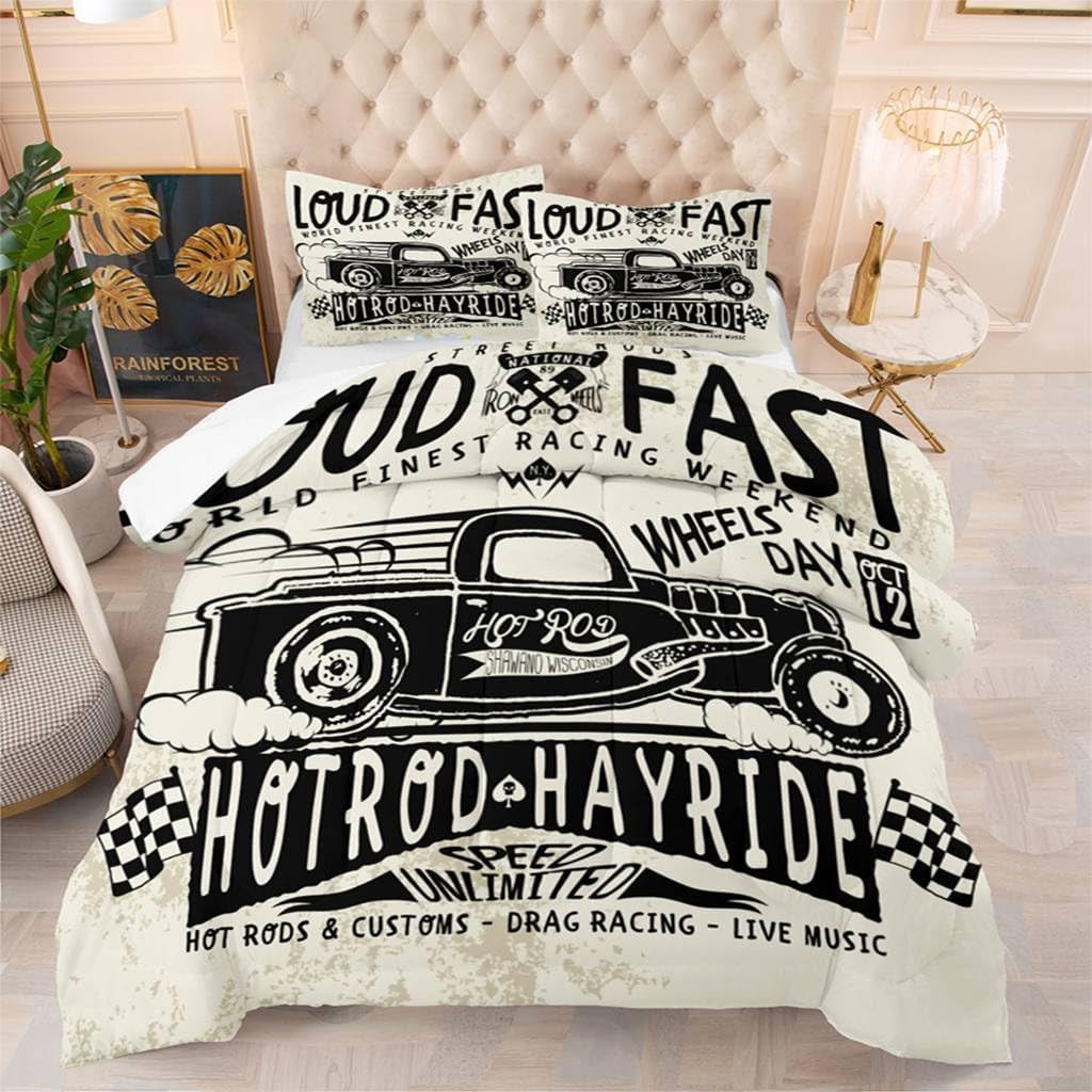 Truck Car Comforter Set 3 Piece Queen Size Old School Vintage Hot Rod ...