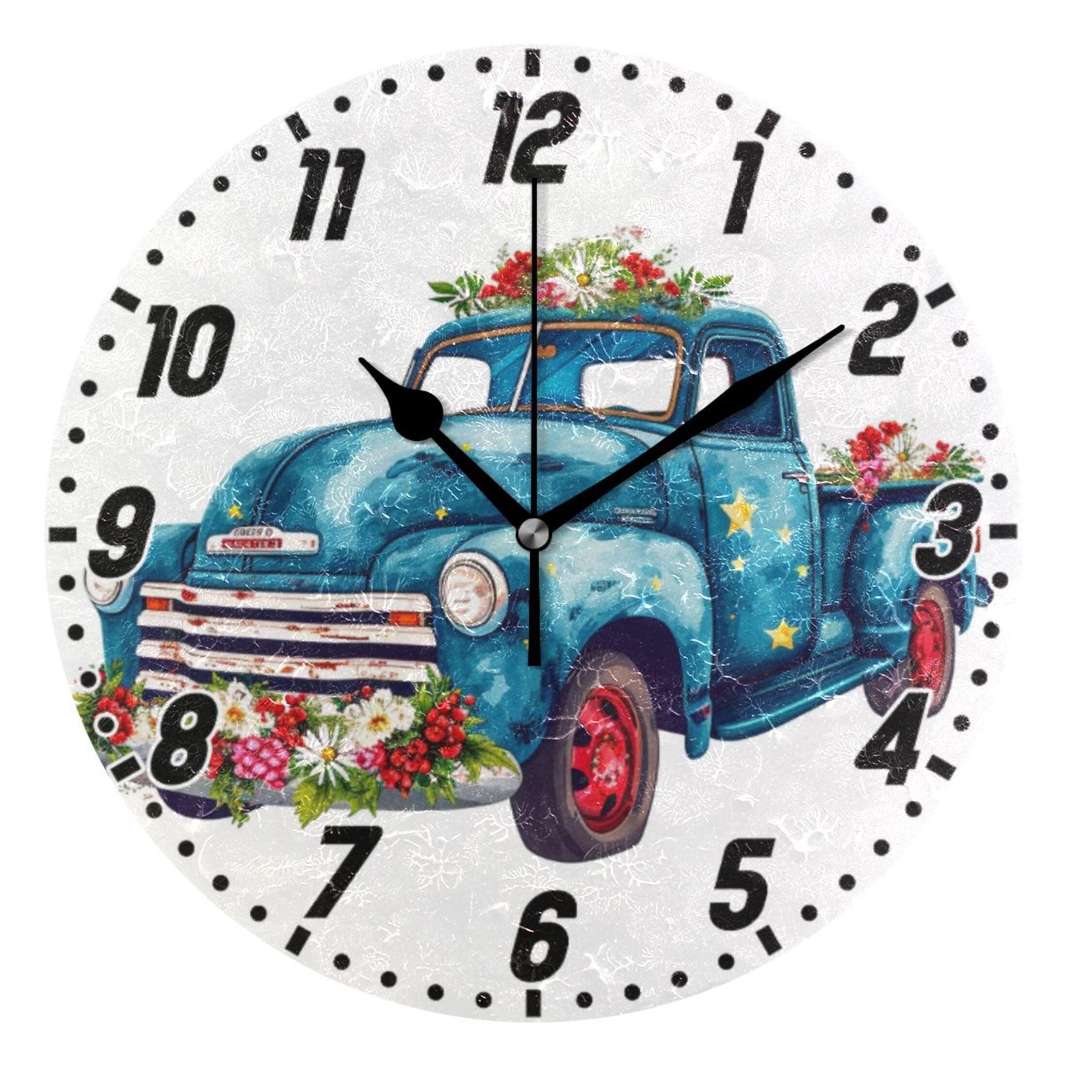 Truck Car with Flower Wall Clock 9.8 inch Battery Operated Clocks Non ...