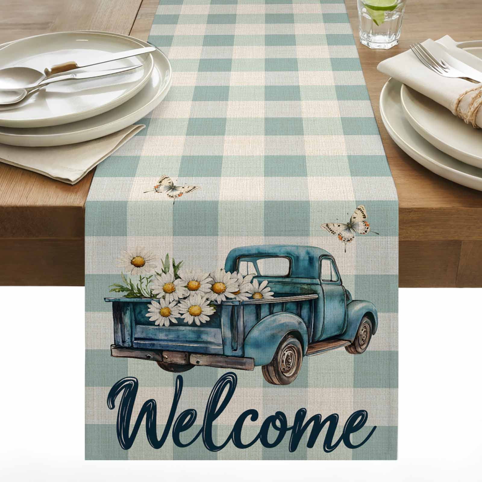 Truck Daisy Cotton Linen Table Runner Welcome Spring Dining Table ...