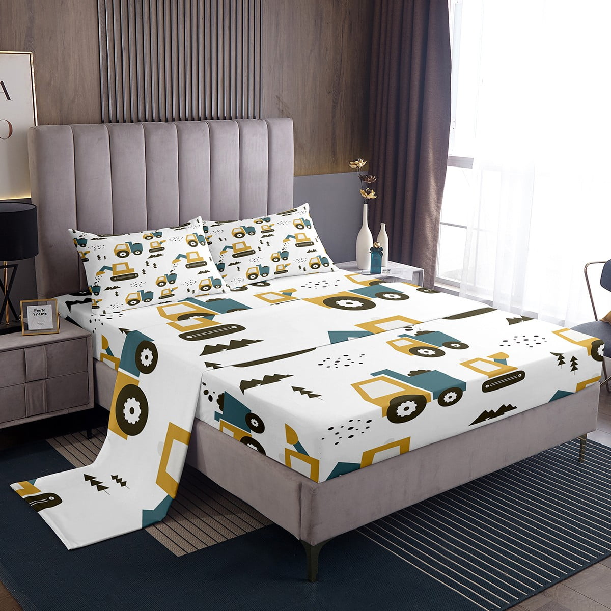 Truck Full Sheets Construction Vehicle Bed Set, Yellow Tractor Bed ...