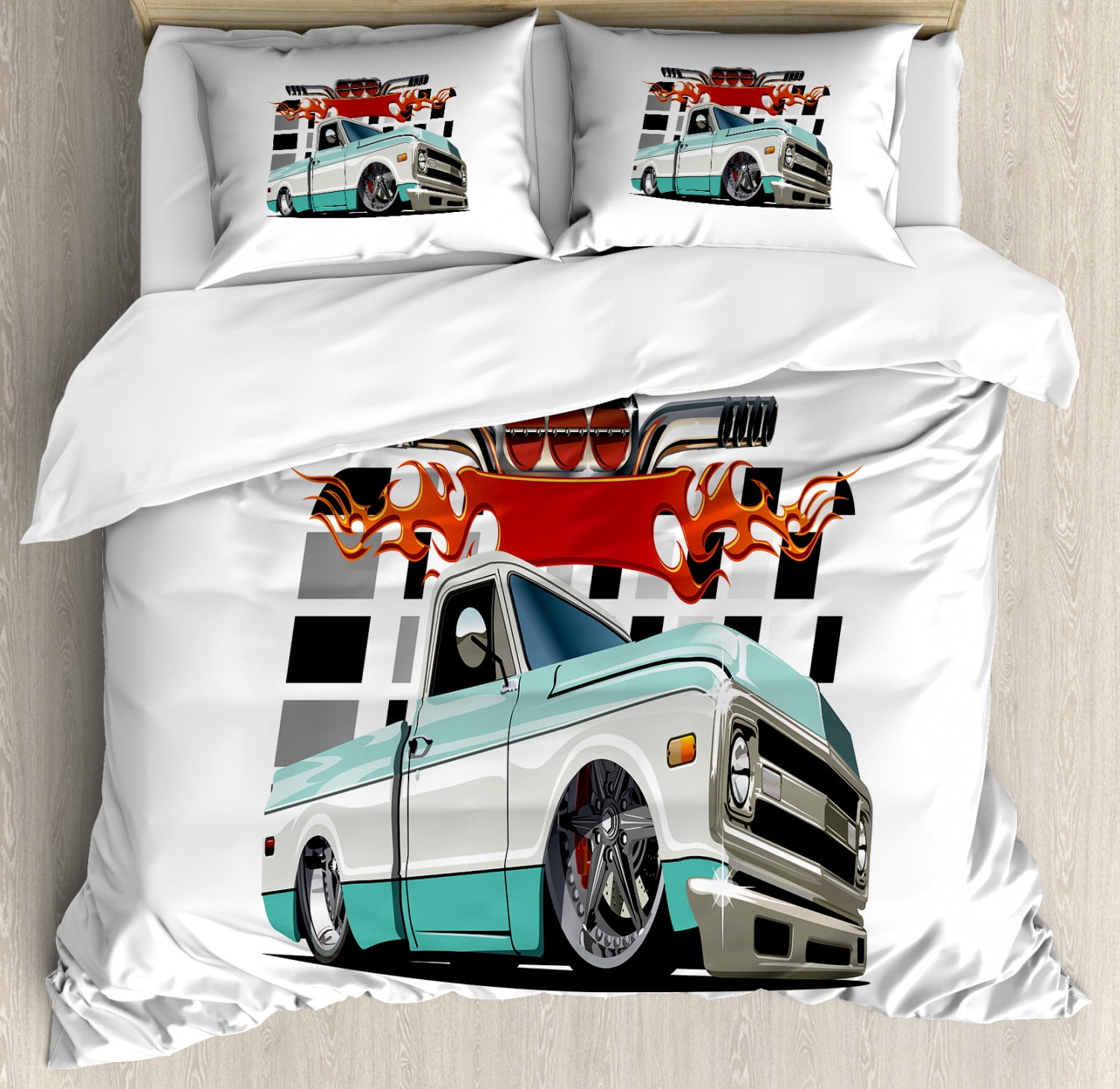 Truck Queen Size Duvet Cover Set, Lowrider Pickup with Racing Flag ...