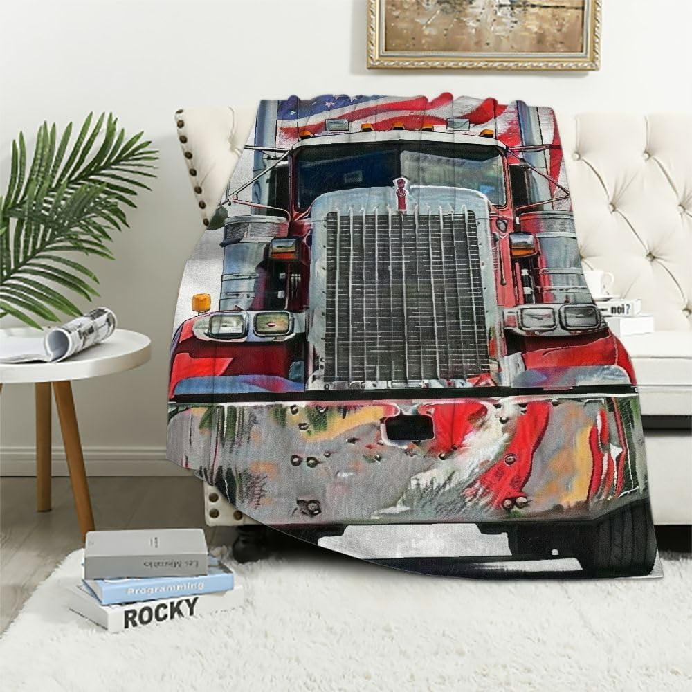 Truck Throw Blanket, American Flag Themed Semi 18 Wheeler Patriotic ...