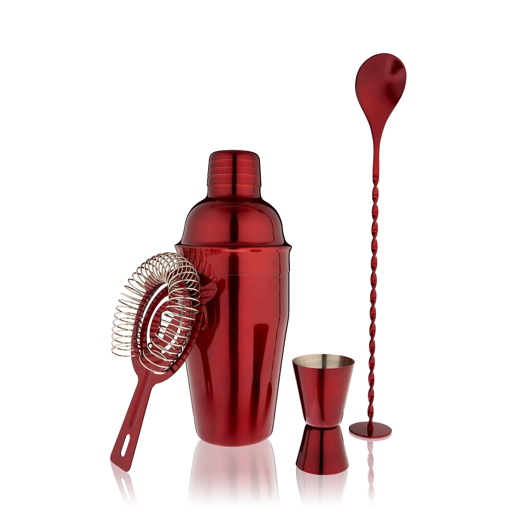 True 4-Piece Barware Set, Cocktail Shaker, Spoon, Jigger, Strainer, Red ...