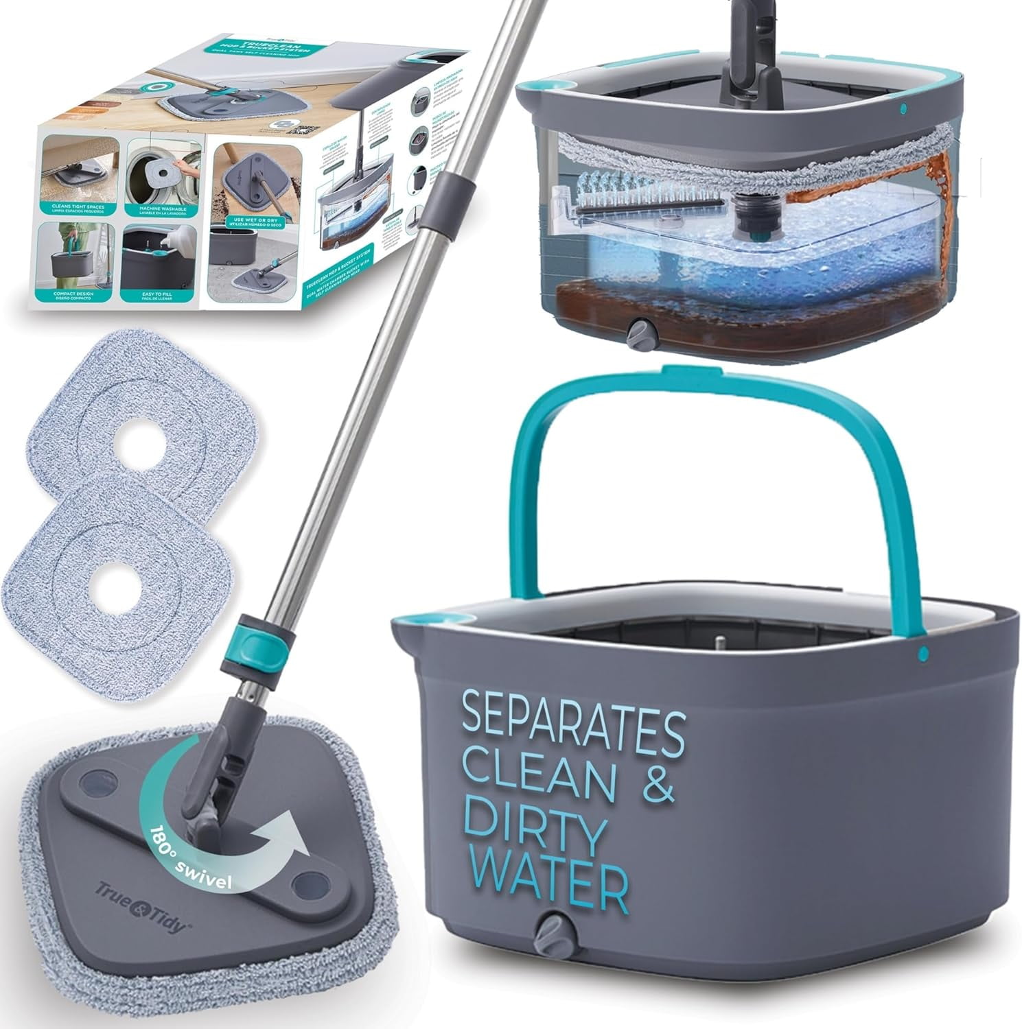 True Clean Spin Mop & Bucket System – Dual Compartment Design for Clean ...