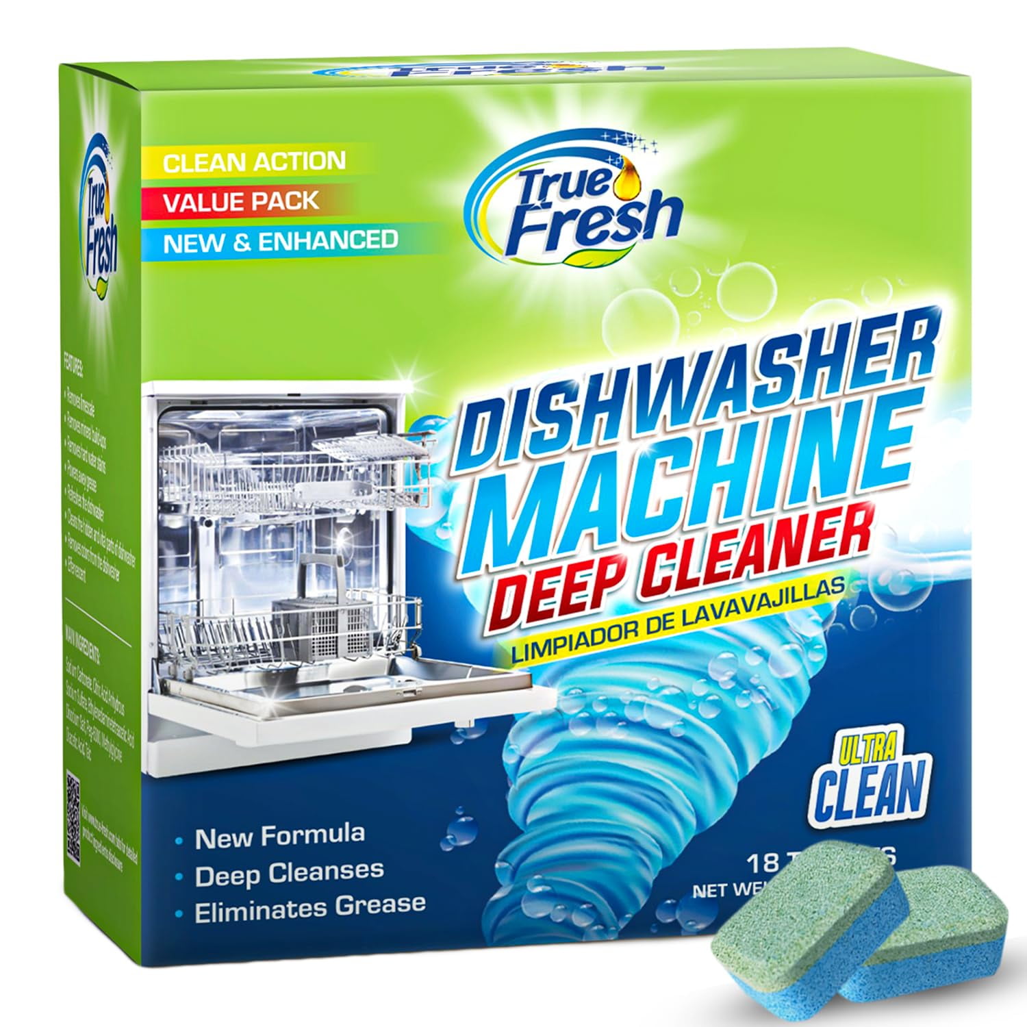 True Fresh Dishwasher Cleaner and Deodorizer Tablets 18-Pack, Remove Stains, Limescale, Hard ...