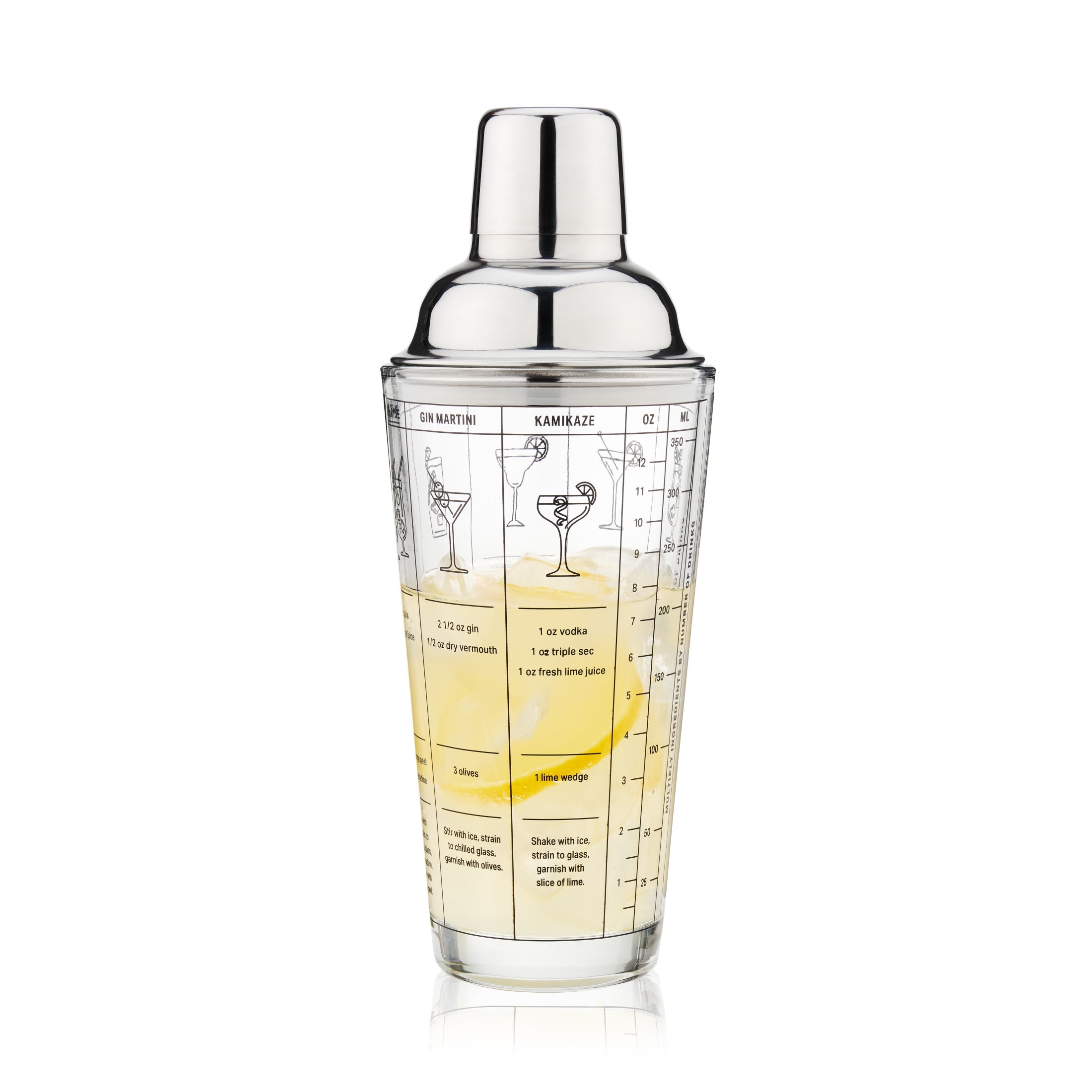 True, Glass Cocktail Shaker, 13.5 oz, with Recipes and Strainer ...