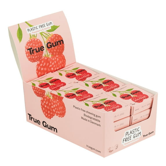 True Gum Chewing Gum Plastic Free Raspberry & Vanilla 21g (Box of 24 ...