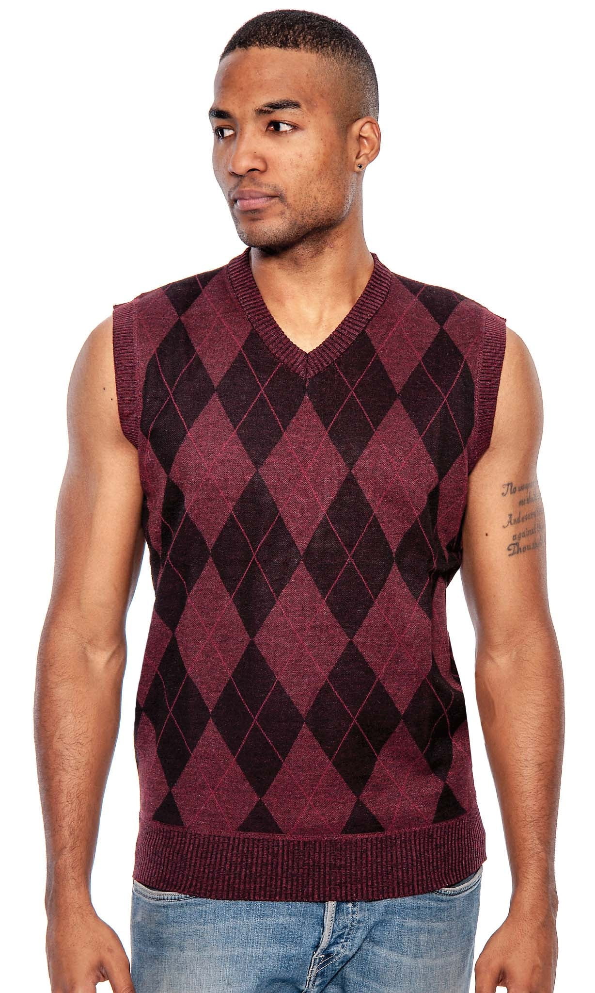 True Rock Men's Argyle V-Neck Sweater Vest, Red Wine Black, X-Large ...