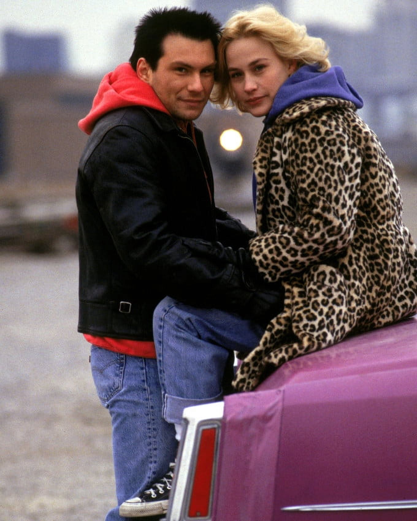 True Romance Patricia Arquette Christian Slater posing by Cadillac ...