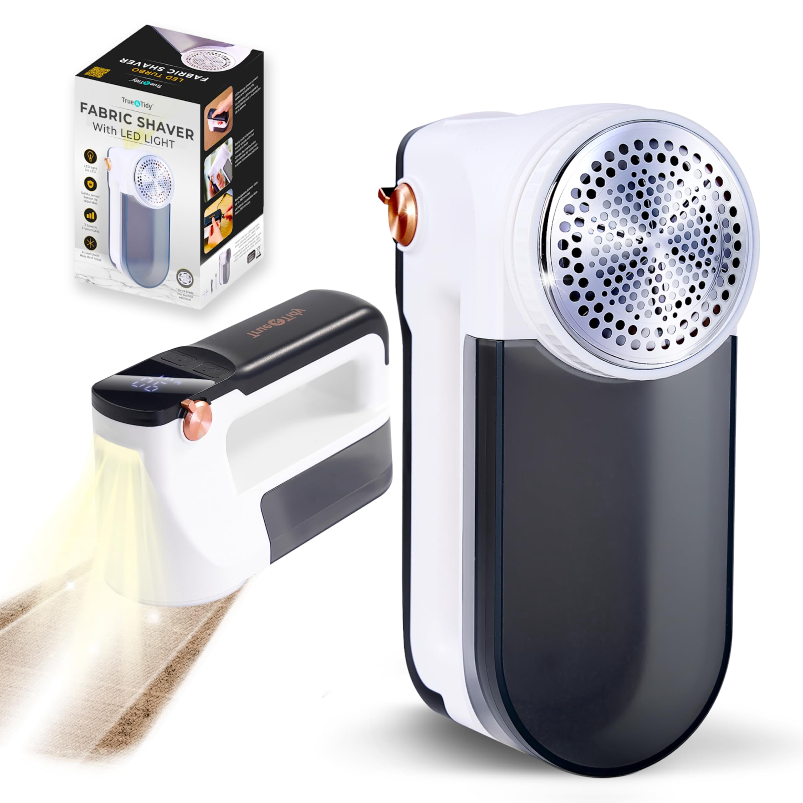 True & Tidy XL Rechargeable Fabric Shaver with Light, 6-Leaf Steel ...