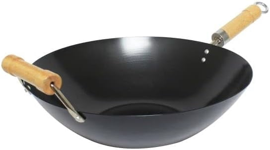 TrueCraftware- 14" Non-Stick Carbon Steel Wok Pan with 7-1/4" Wood ...