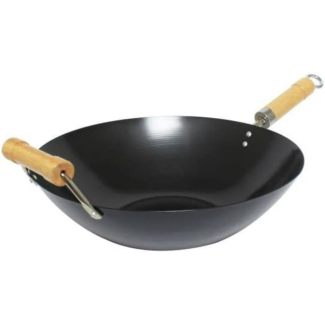 TrueCraftware- 14" Non-Stick Carbon Steel Wok Pan with 7-1/4" Wood ...