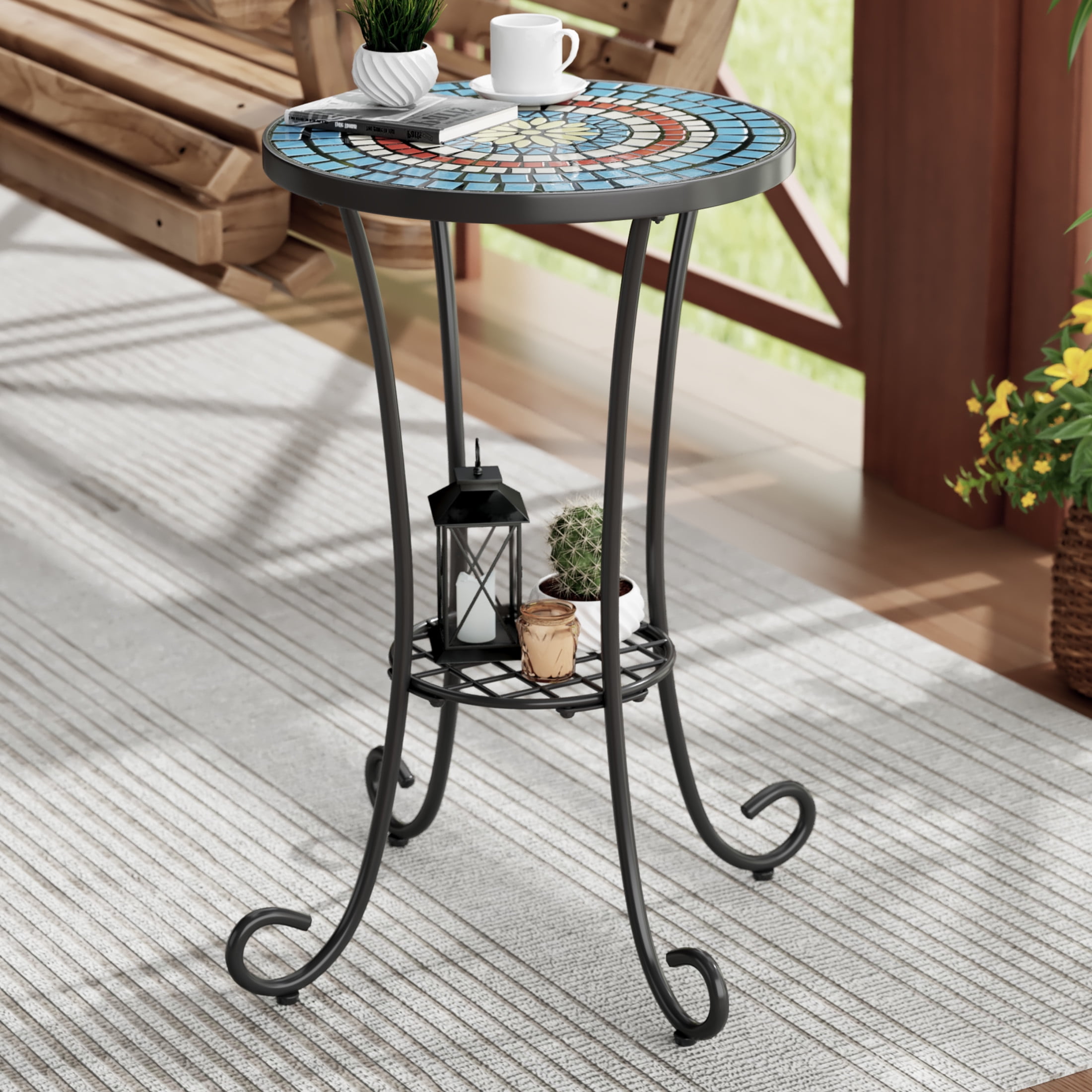 Trulisa Outdoor Patio Round Side Table with Shelf, Ceramic Tile, Iron ...
