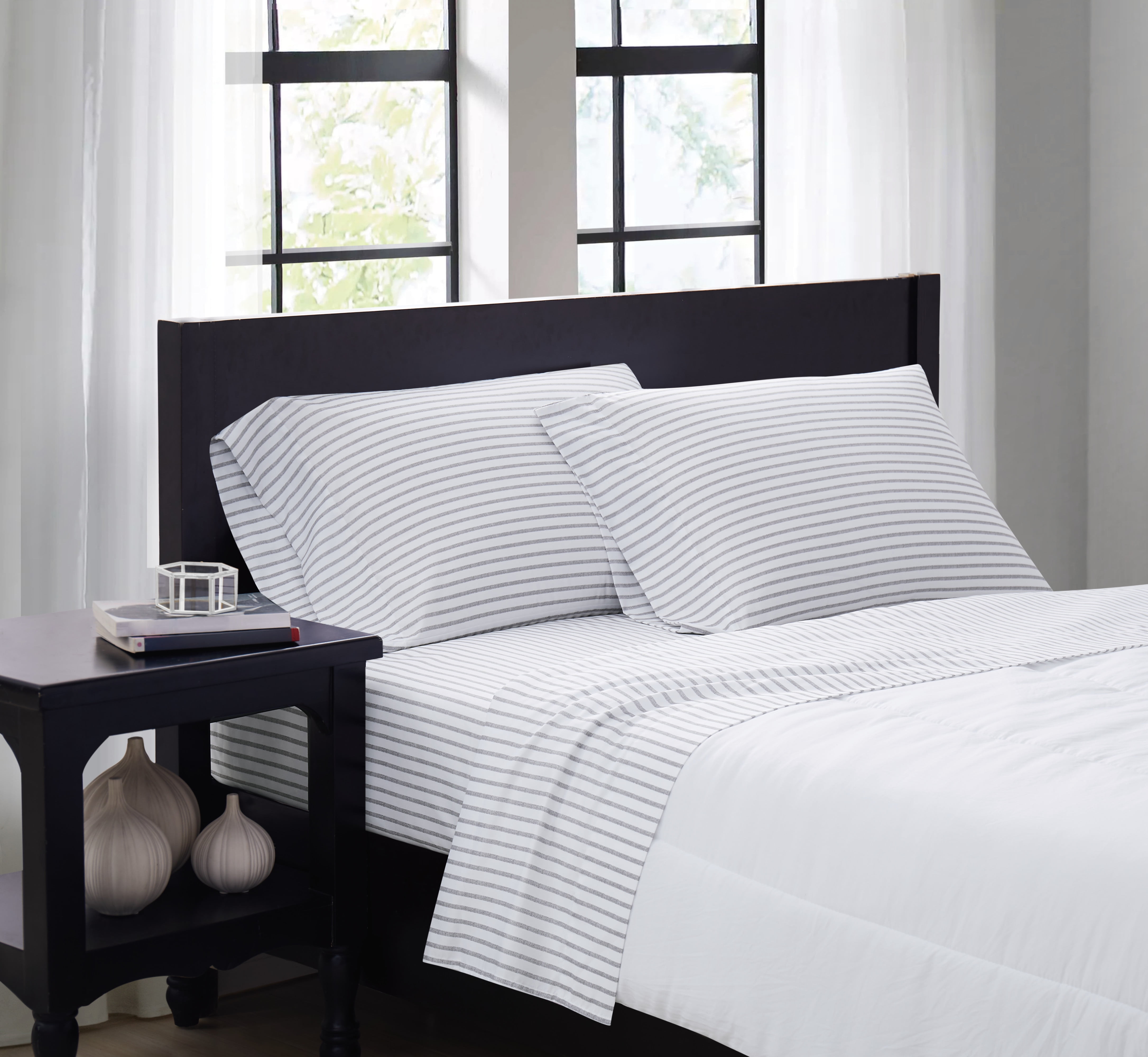 Truly Soft Pinstripe White and Grey Polyester 4-Piece Queen Sheet Set ...