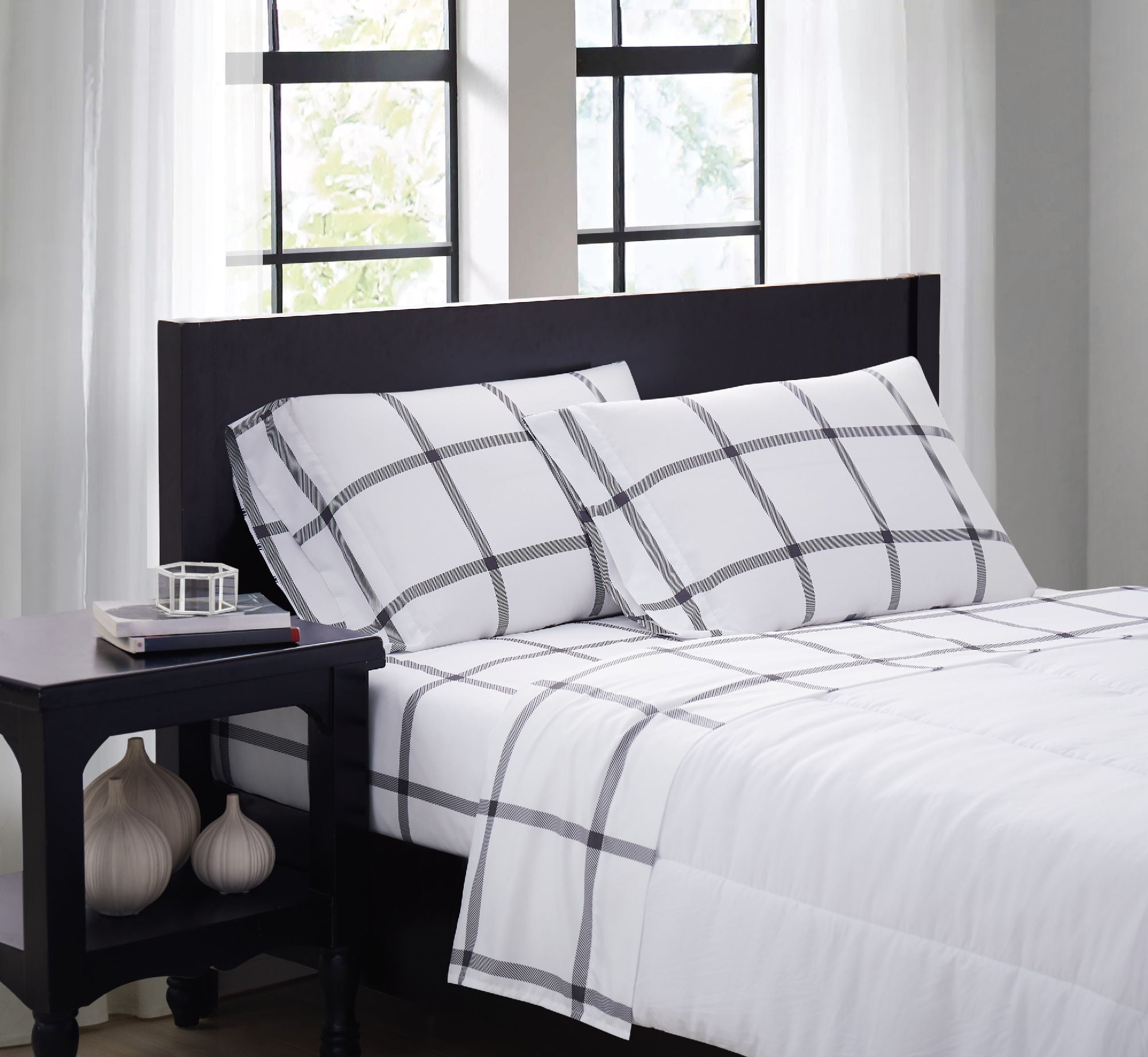 Truly Soft Printed Windowpane White and Charcoal Grey Sheet Set ...